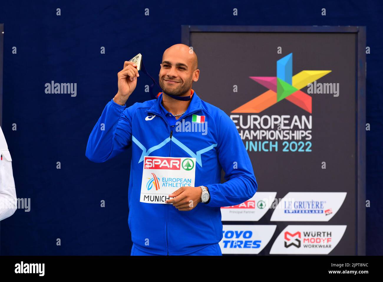 Lamont Marcel Jacobs of Italia Team in action during in Medal Ceremony ...