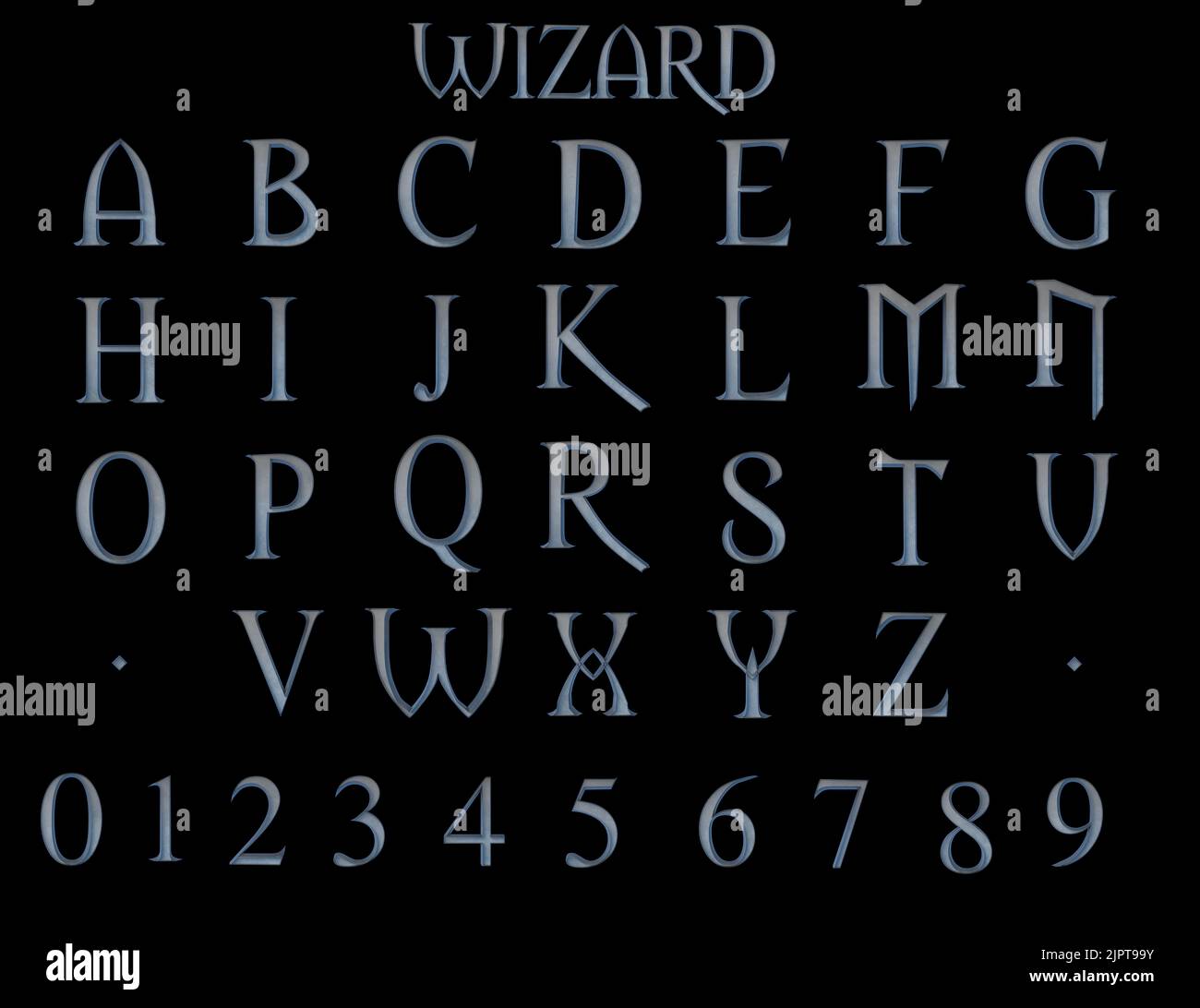 The wizard font alphabet on a black background Stock Photo - Alamy