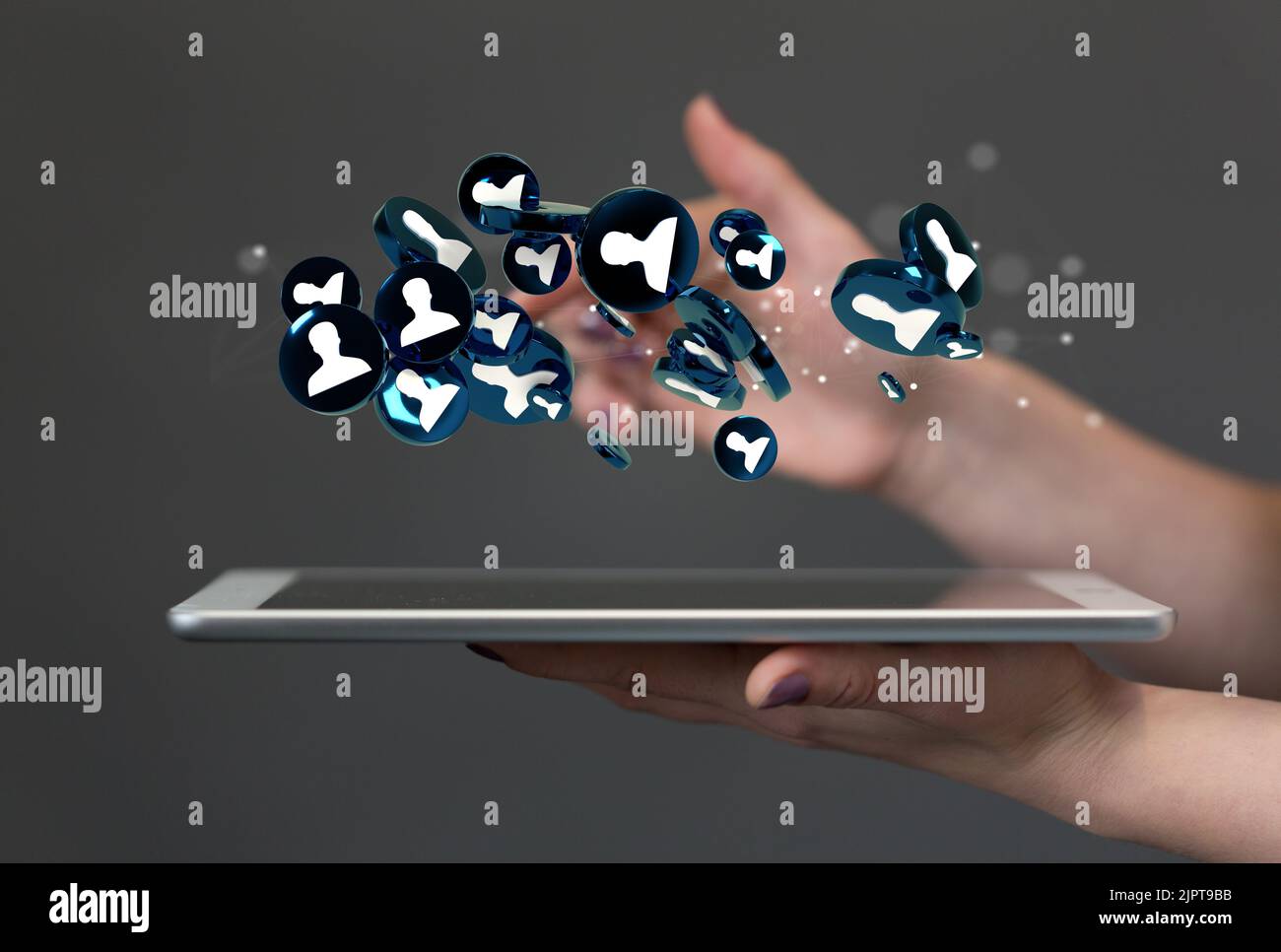 A 3d rendering of floating user icons over a hand holding a tablet ...