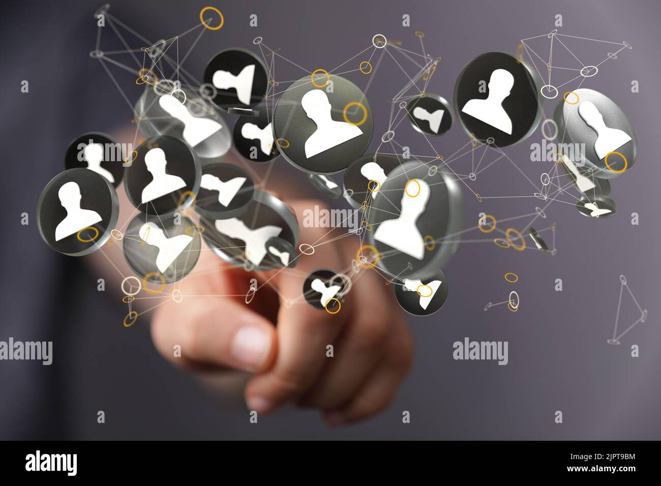 A 3d rendering of floating user icons and man's hand ponting at them ...