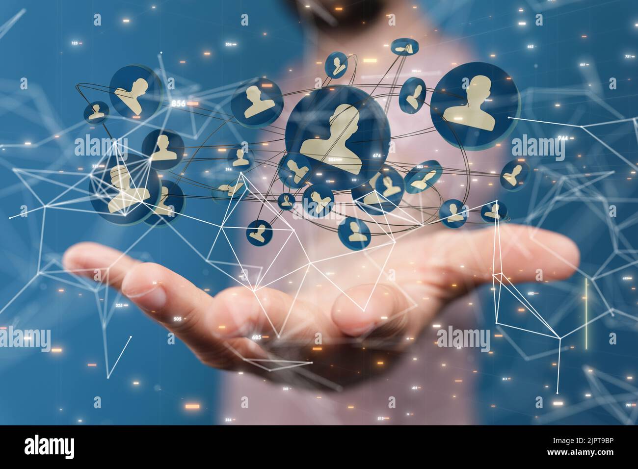 A 3d rendering of floating user icons over a man's hand. Concept of ...