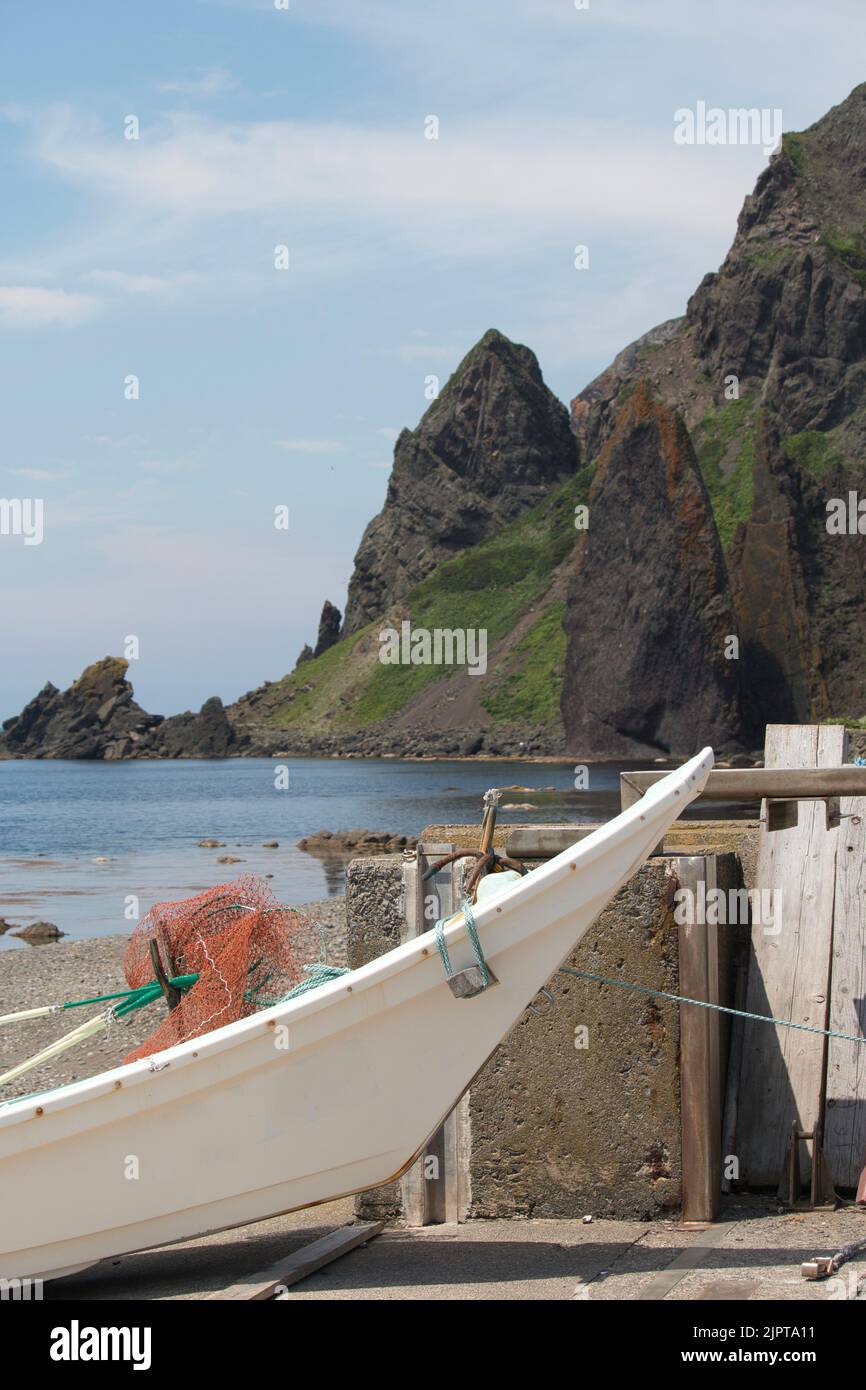 Japanese fishing boat and nets on island beach, Rebun, Hokkaido Stock ...
