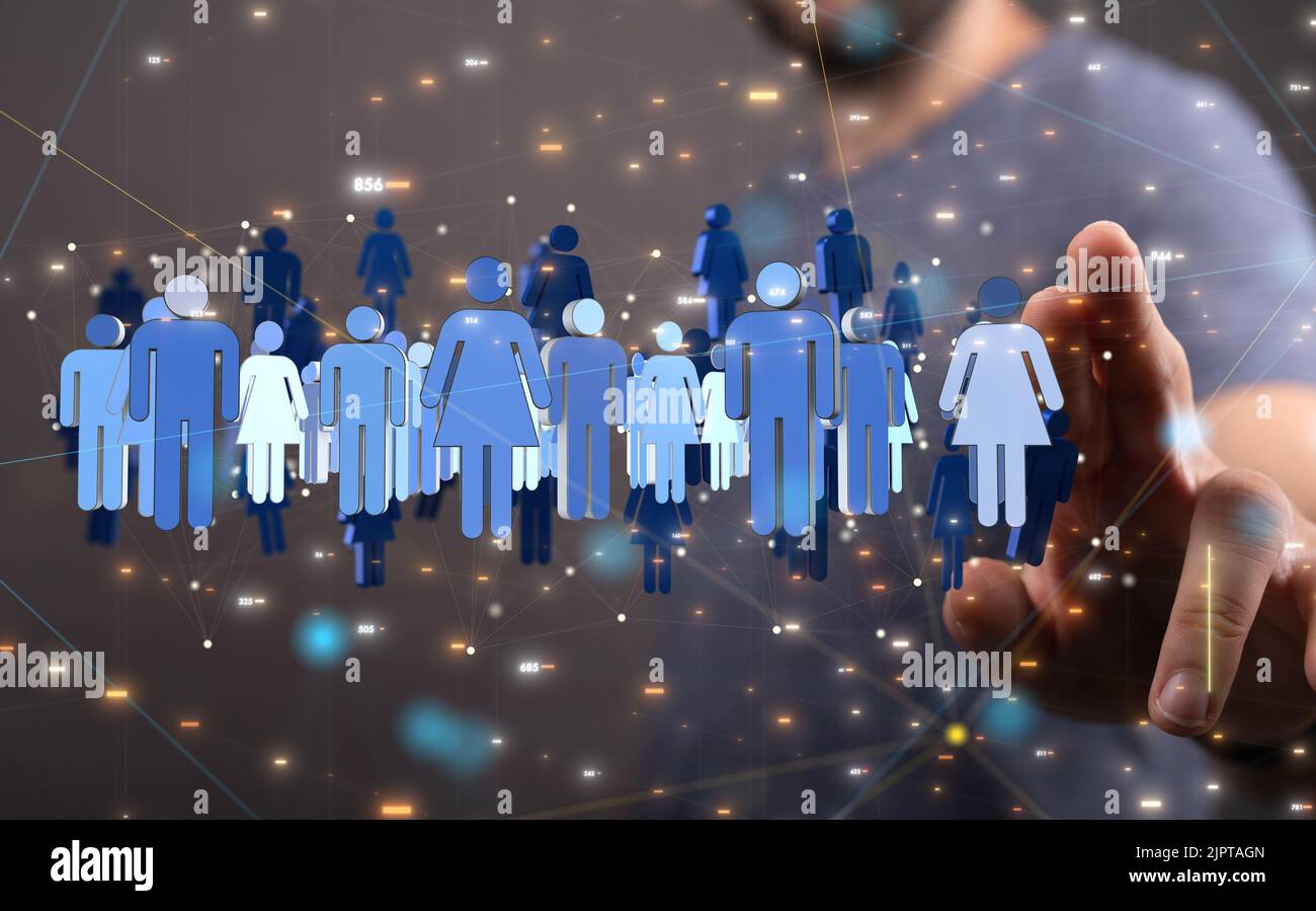 A 3d rendering of blue human icons with a hand pointing at them. Human ...