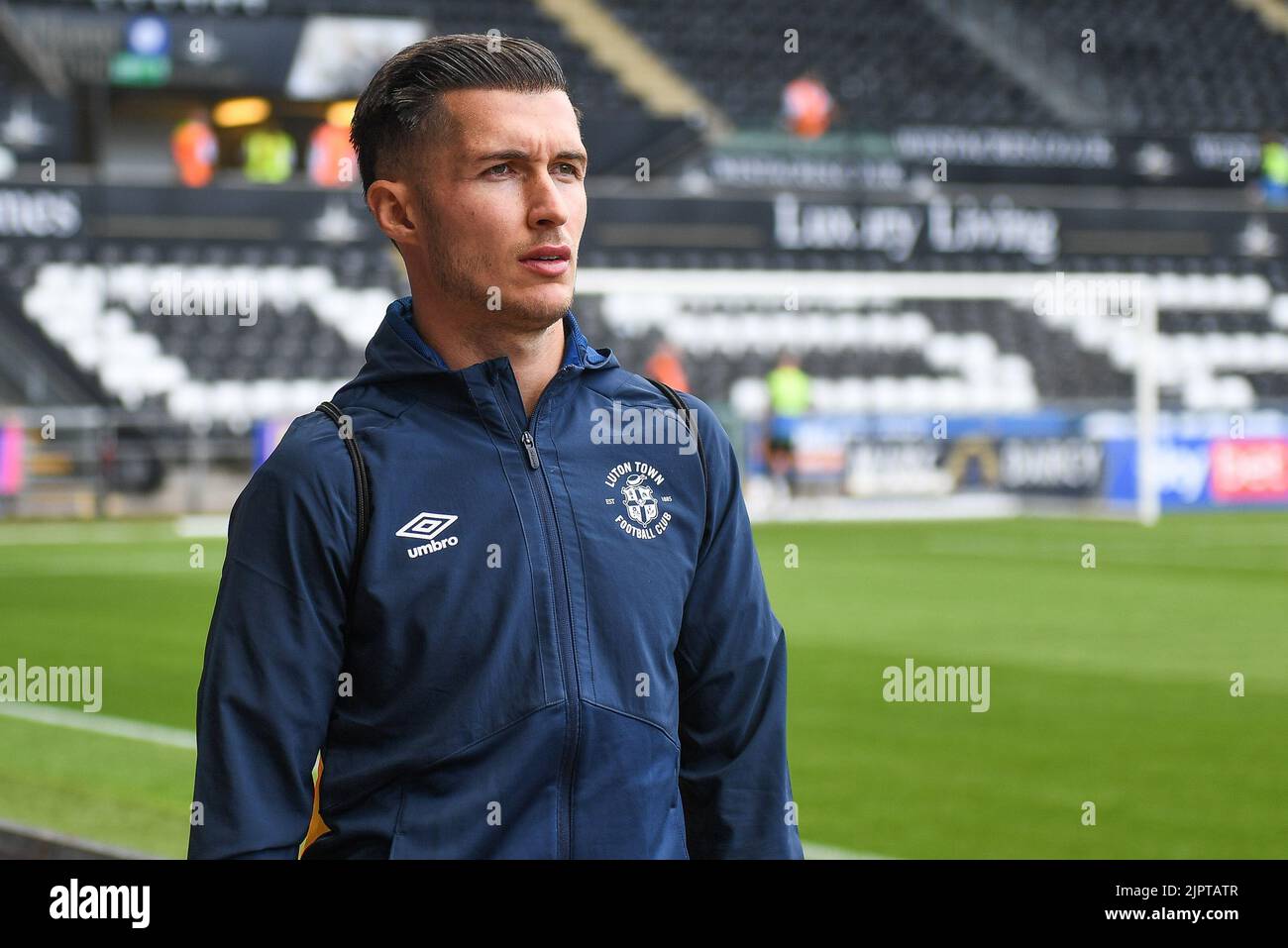 Dan Potts #3 of Luton Town arrives at the Swansea.com Stadium Stock ...