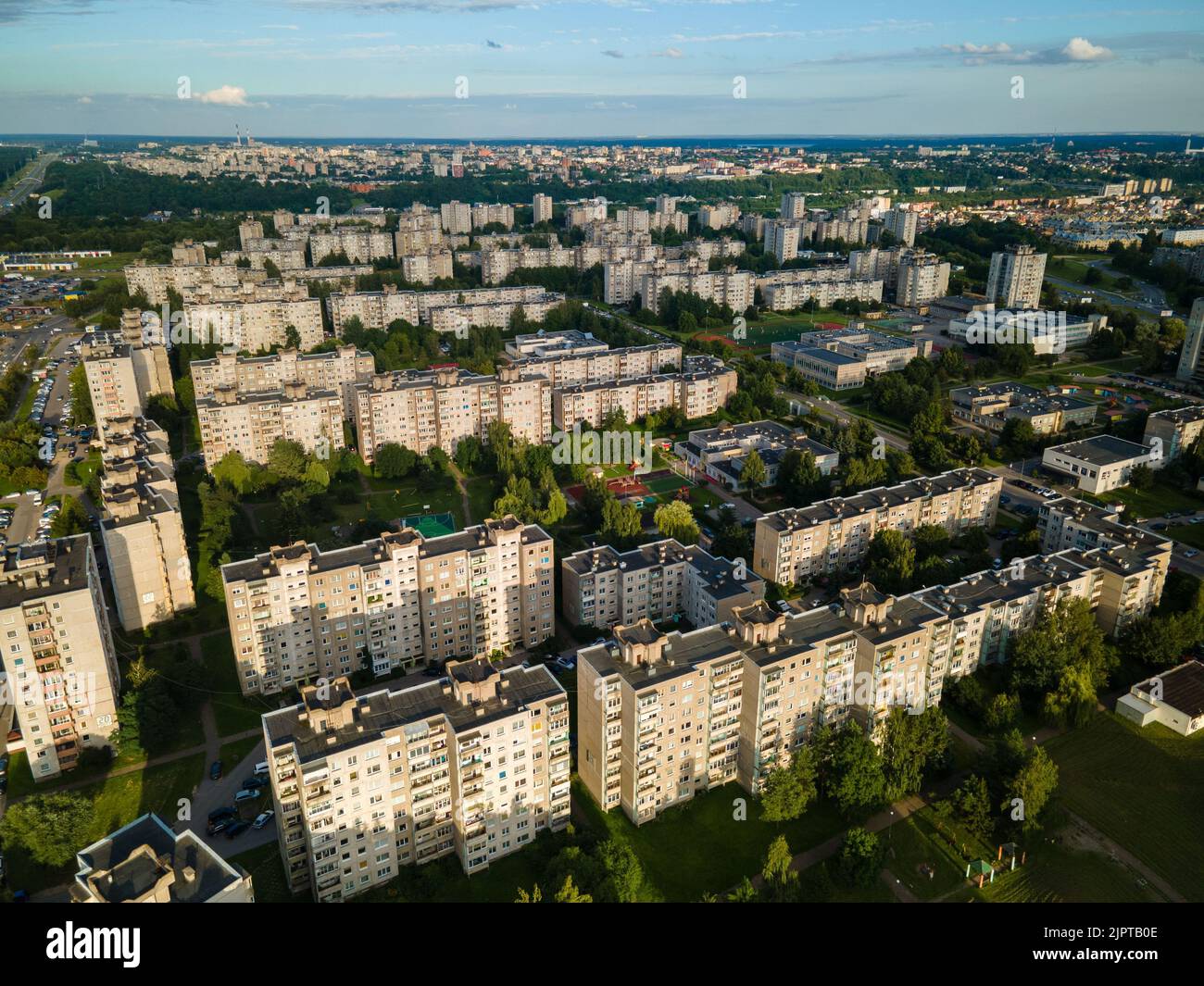 An aerial view of the Soviet apartment buildings in Kaunas, Lithuania ...