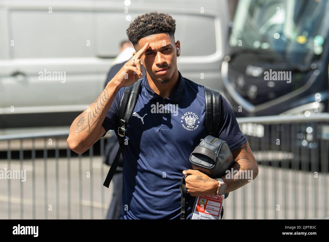 Jordan Lawrence-Gabriel #4 of Blackpool arrives at Turf Moor, Home of ...
