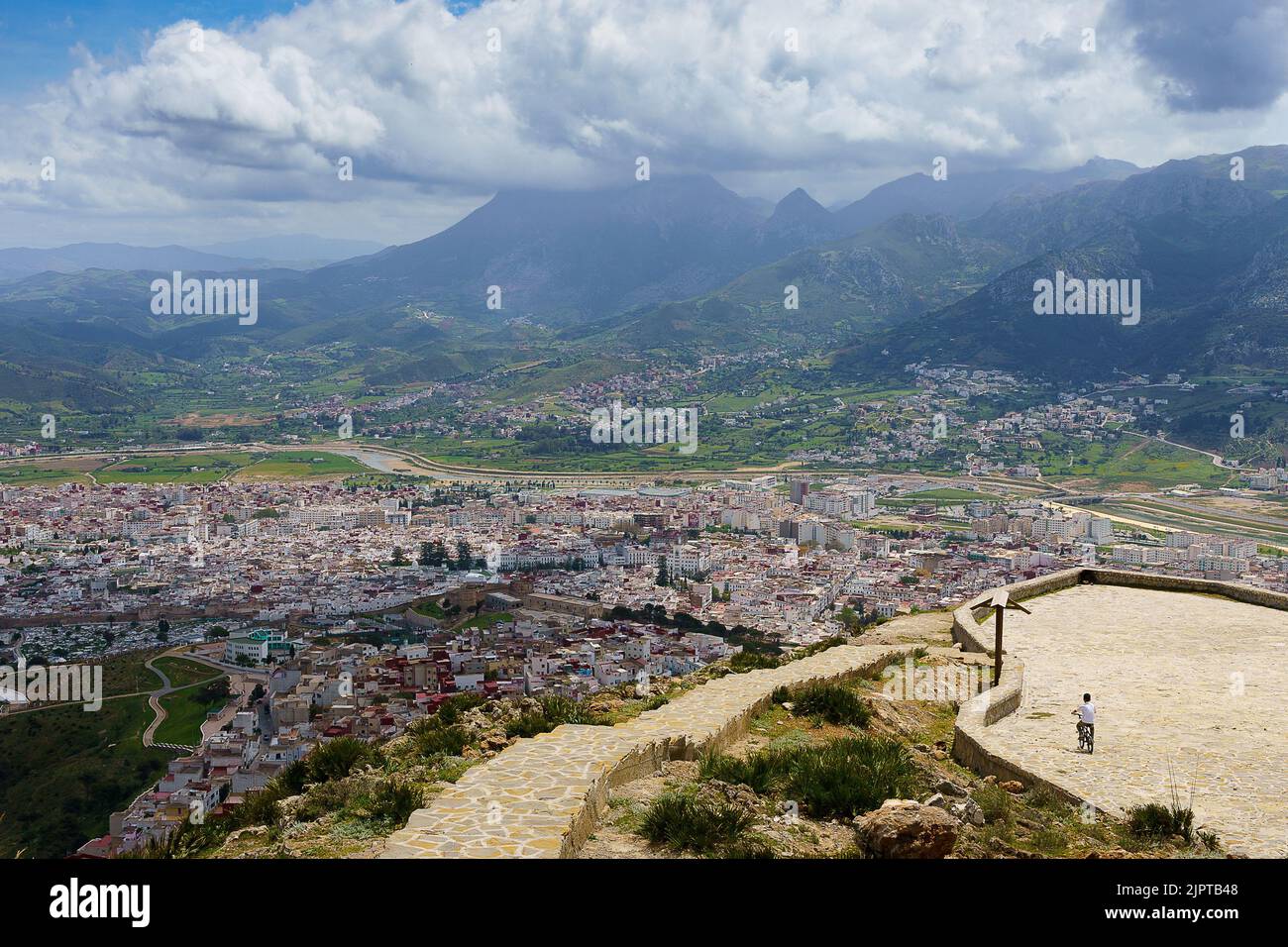 An aerial view of Martial Valley with green hills with trees in Tetouan ...