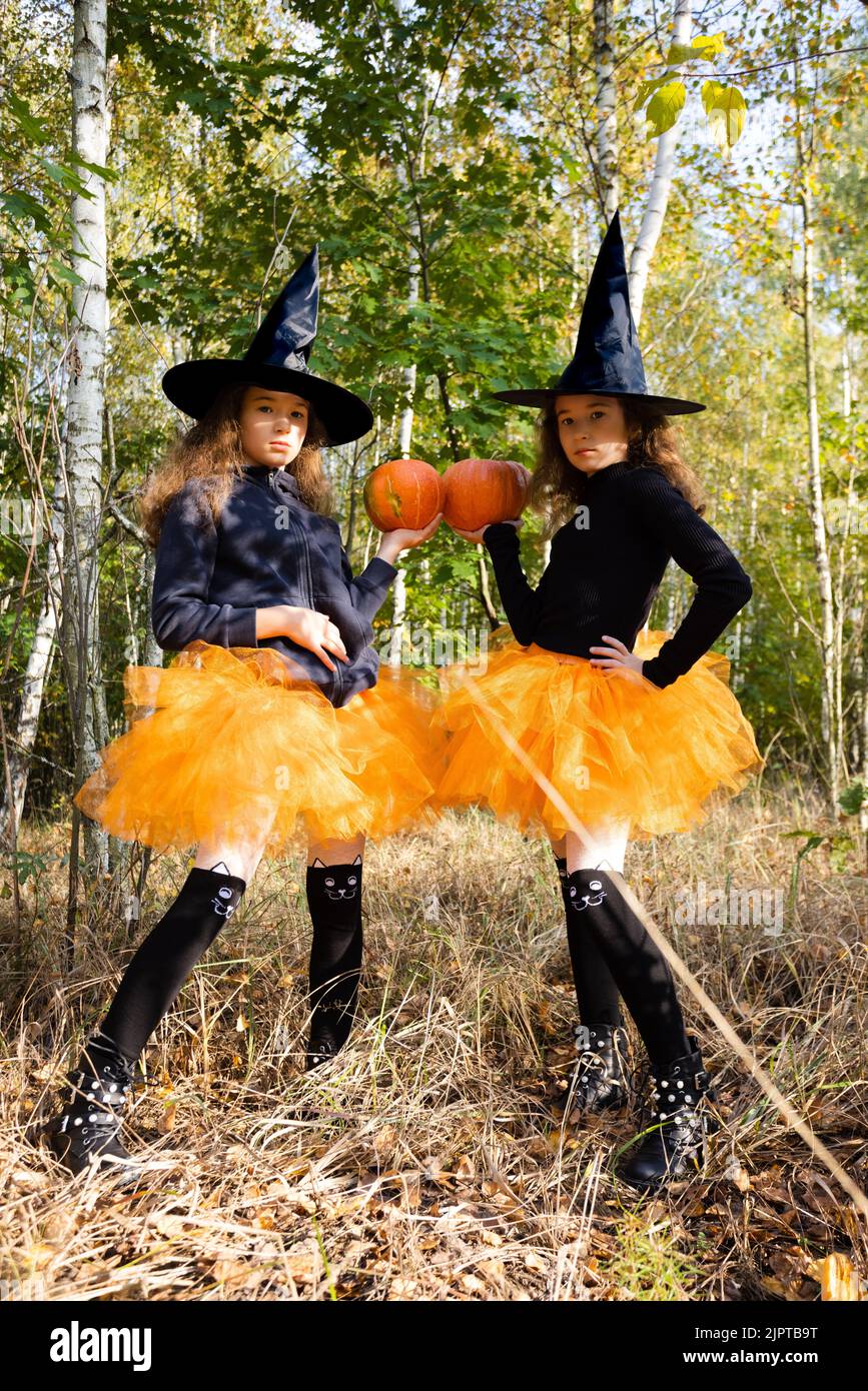 Little girls twin dressed like witches in a forest. Halloween concept ...