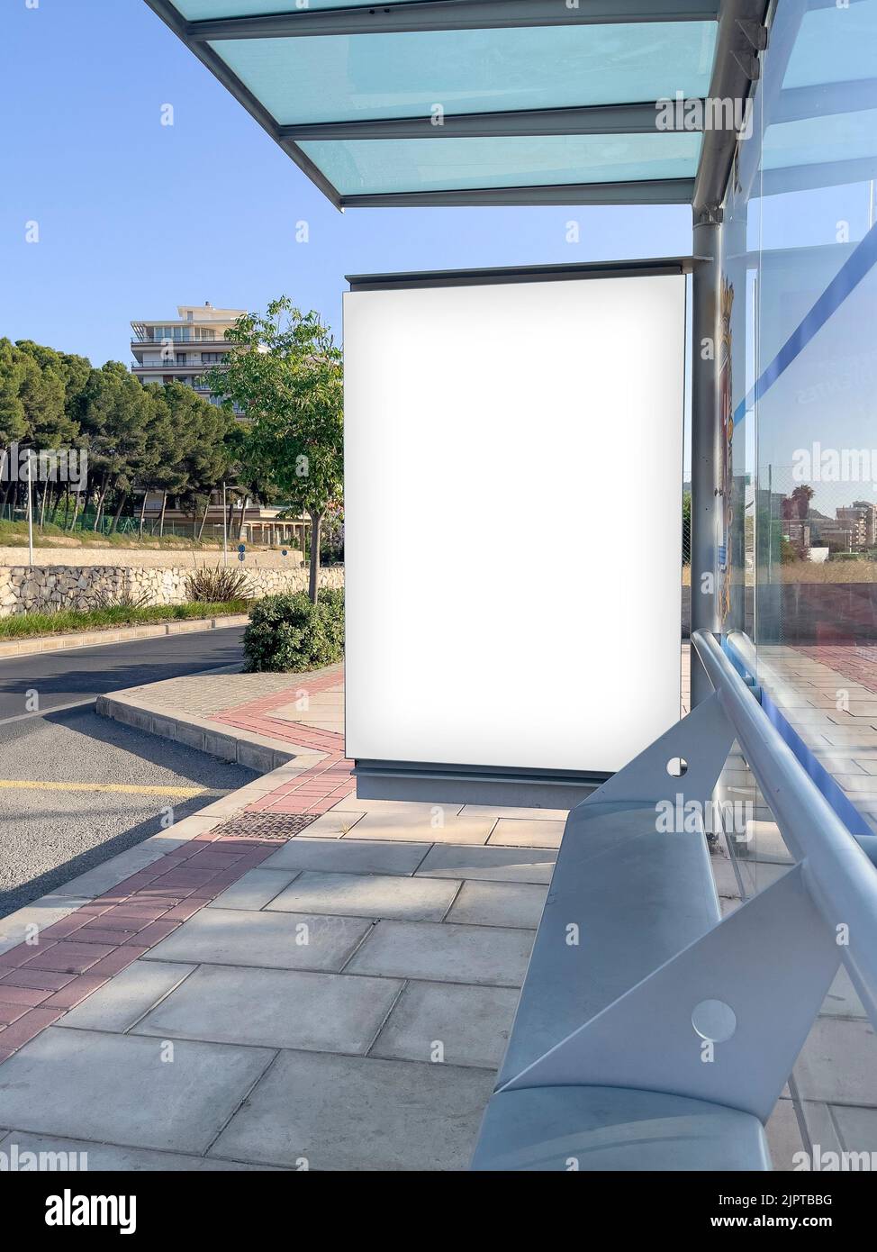 White banner on the bus stop on a street - stock photo Stock Photo - Alamy