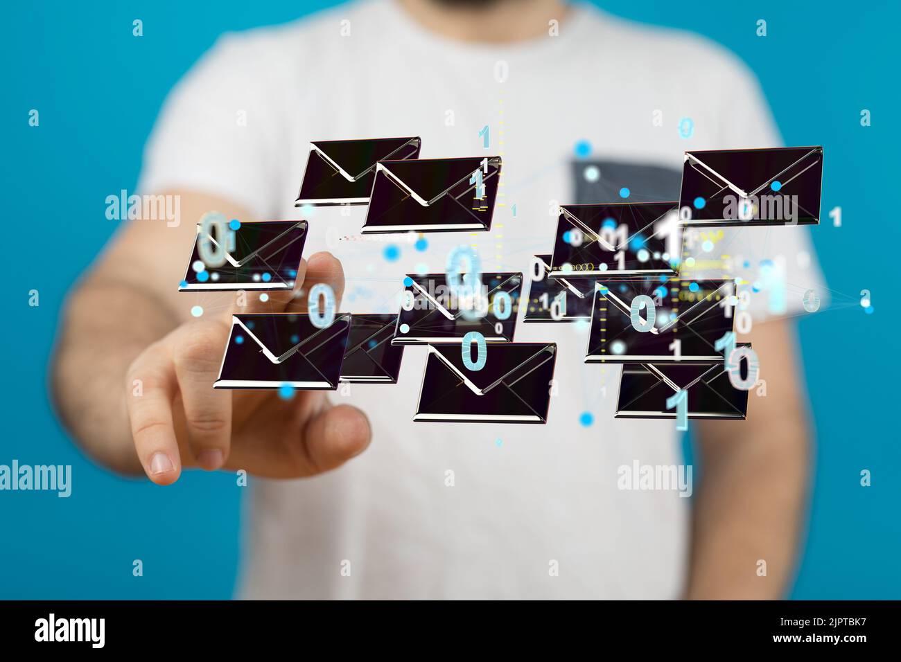 A 3d Rendering Of Floating Email Icons With Binary Codes And A Hand