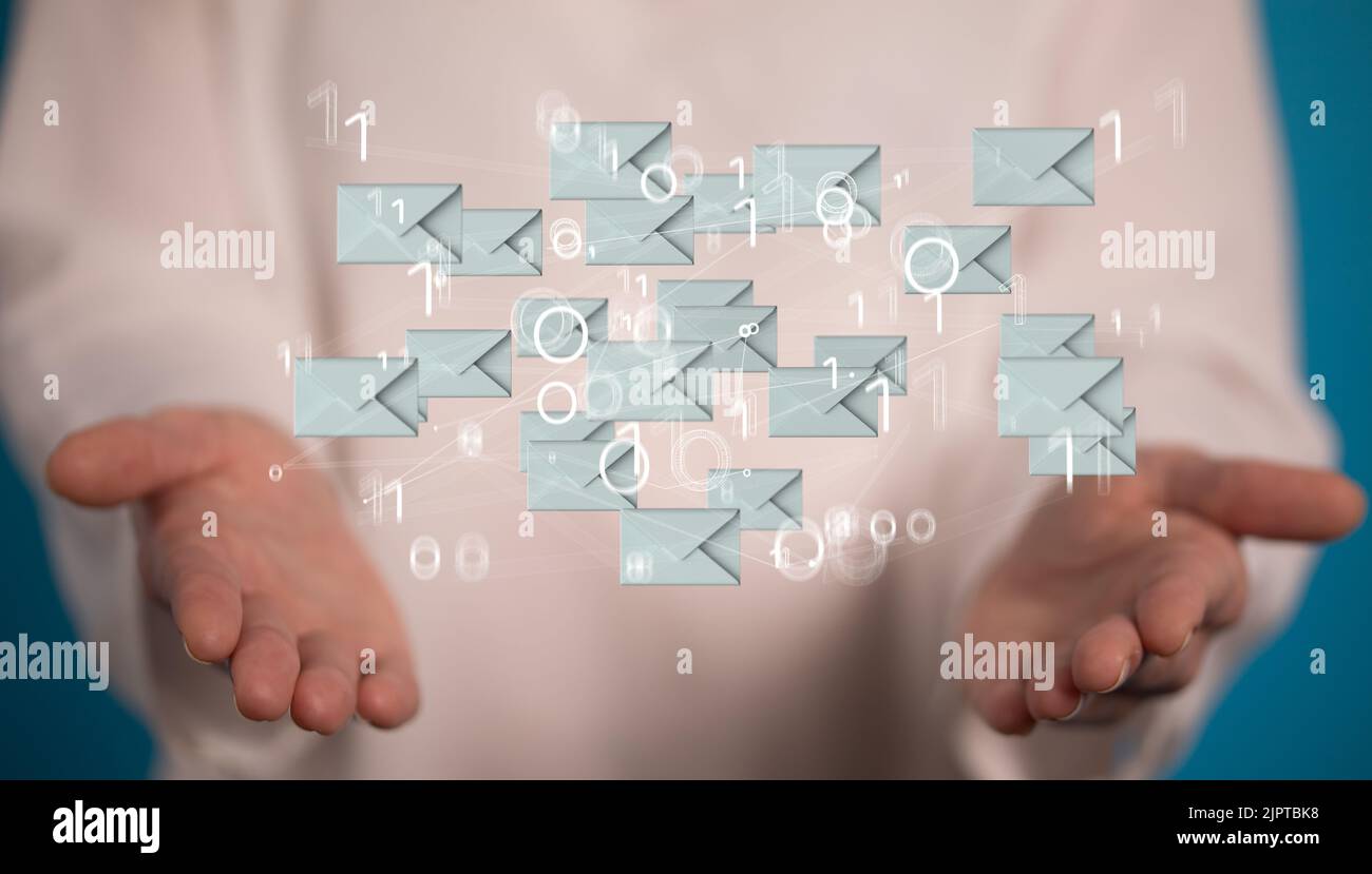 A 3d Rendering Of Floating Email Icons With Binary Codes Over Hands