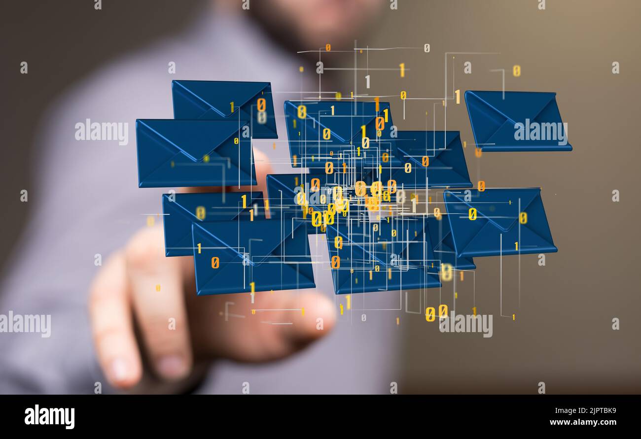 A 3d Rendering Of Floating Email Icons With Binary Codes And A Hand