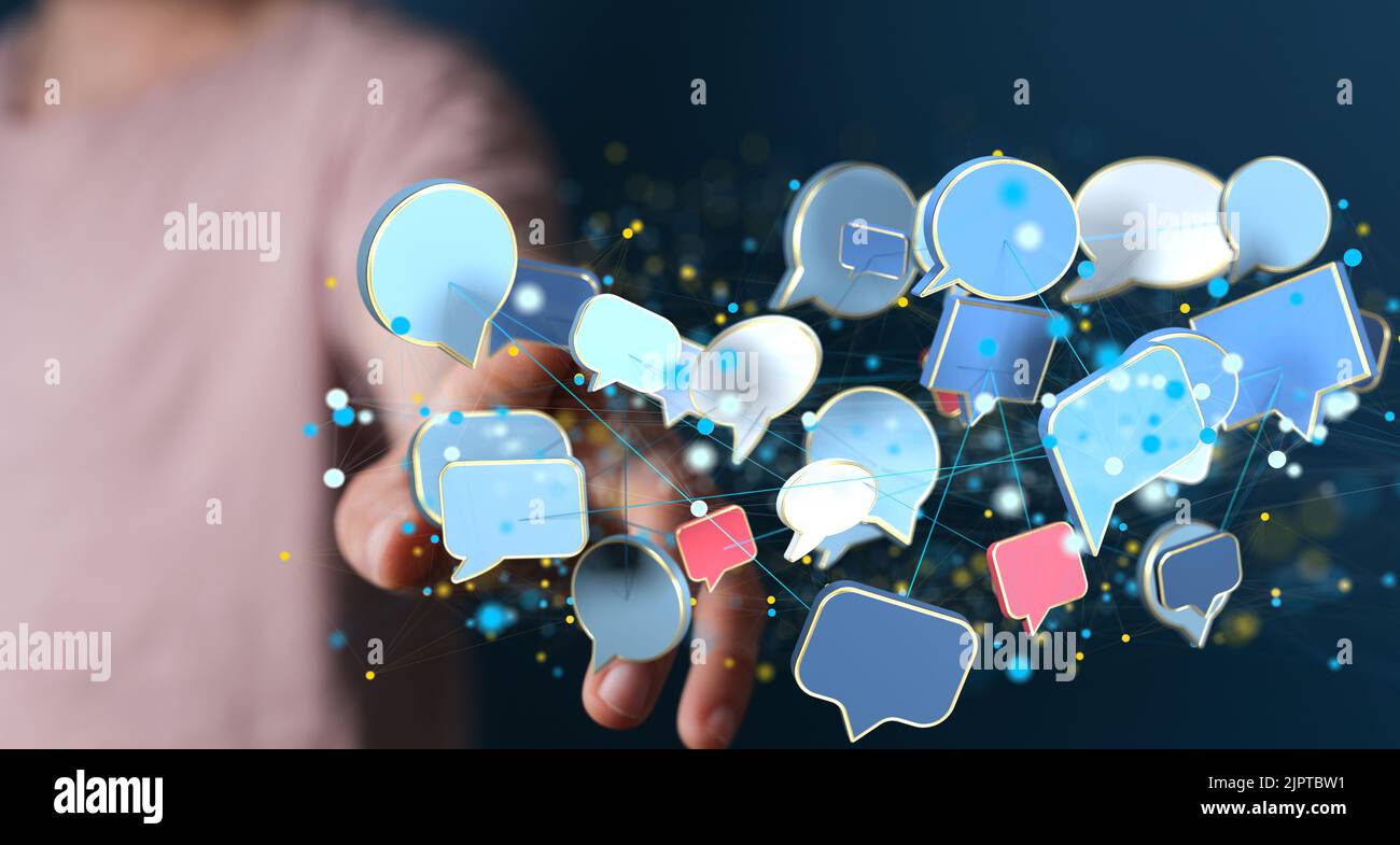 A man's hand pointing at 3d rendered message icons Stock Photo - Alamy