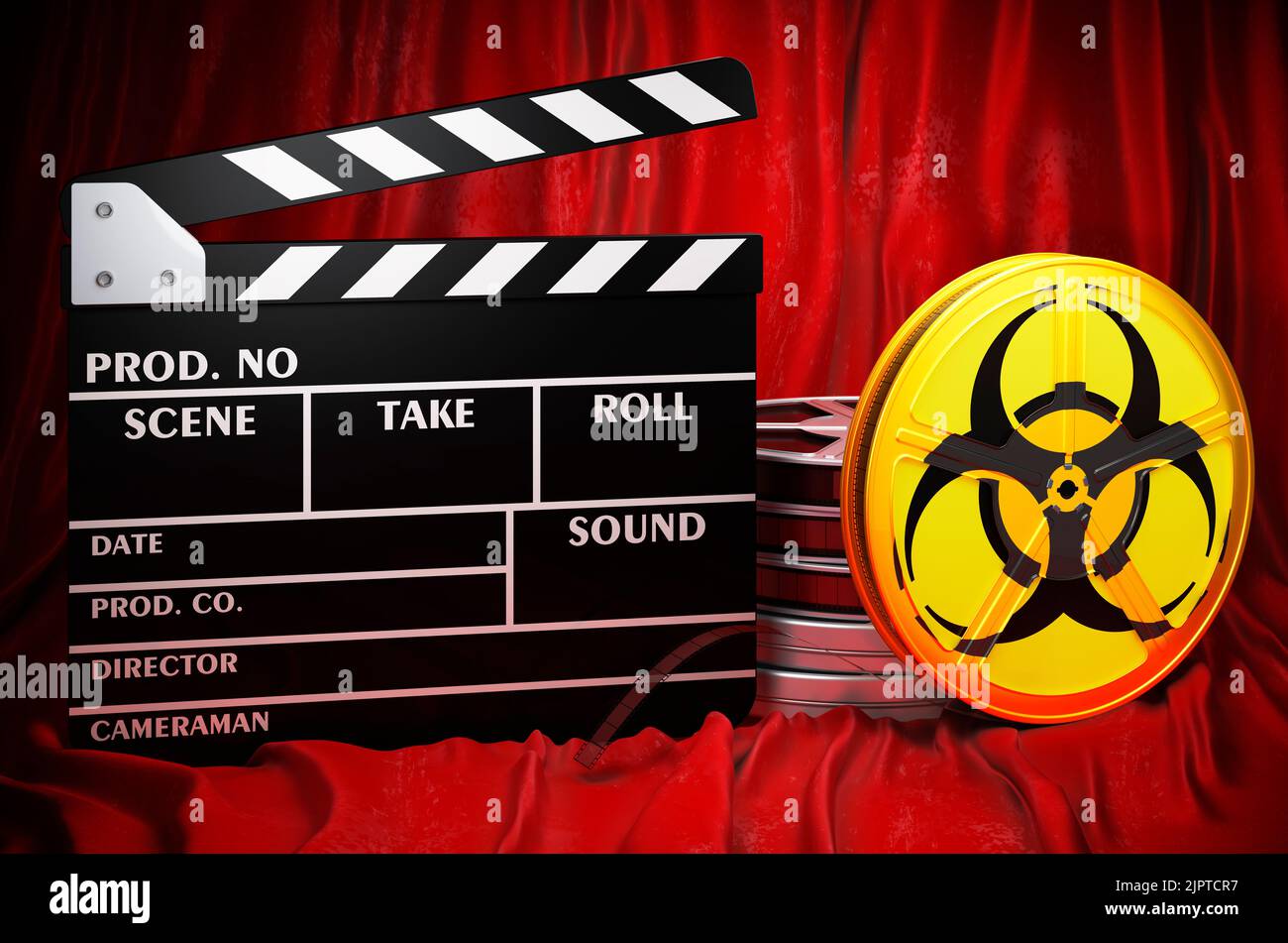 Biohazard flag with clapperboard and film reels on the red fabric, 3D ...