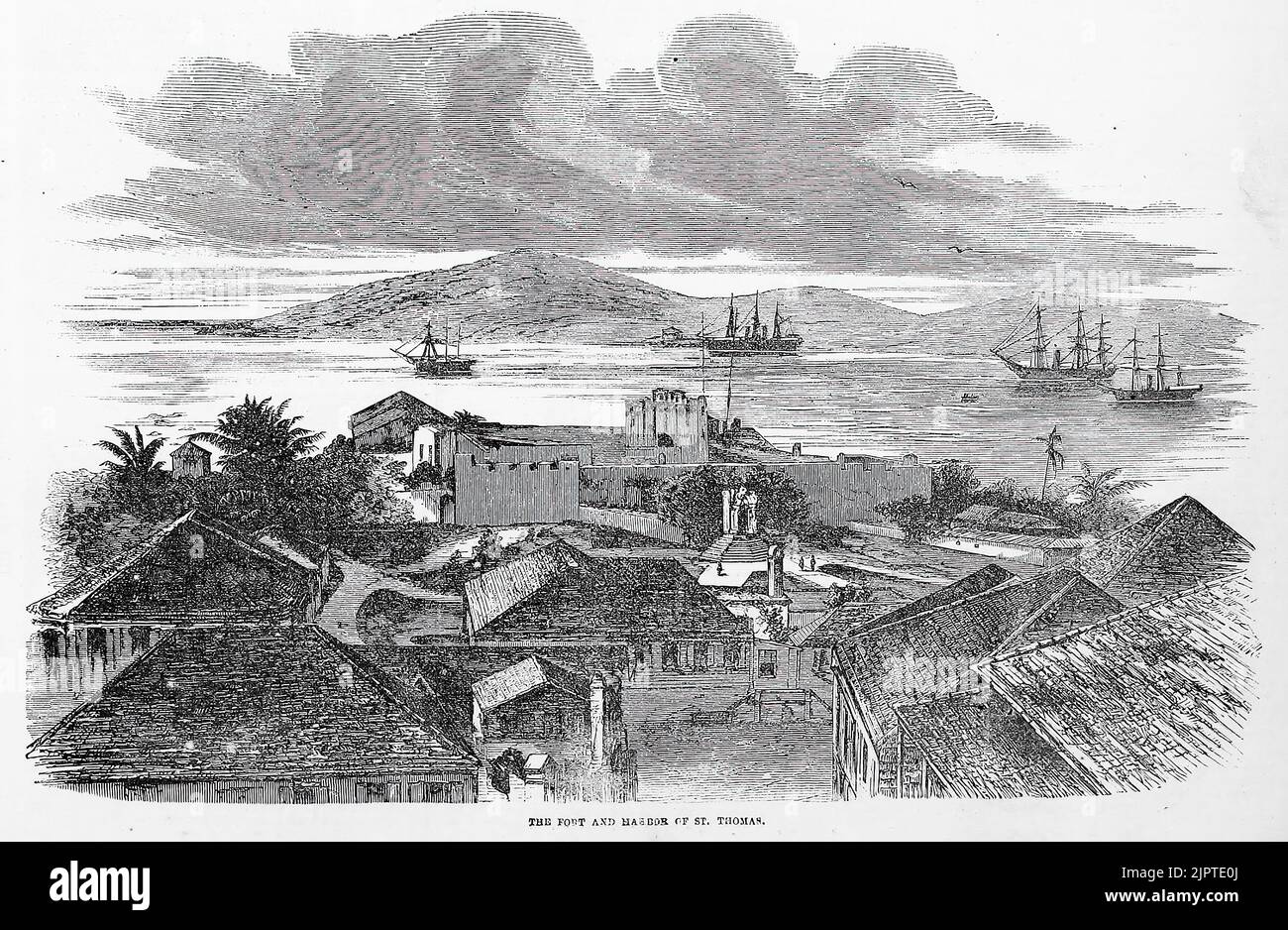 Fort Christian and harbor of St. Thomas island (1860). 19th century ...