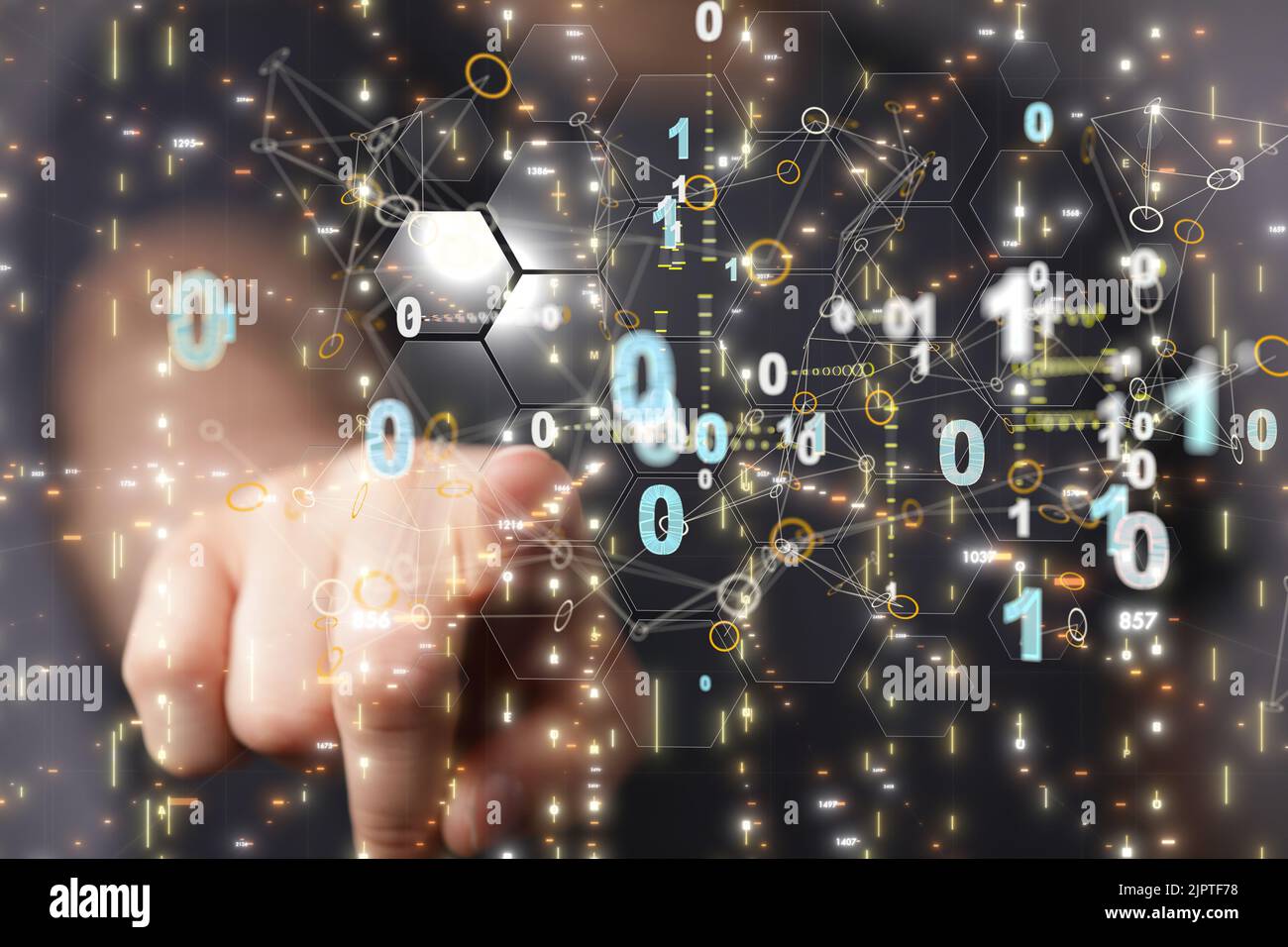 A man's hand pointing at illustrative digits against a grey background ...