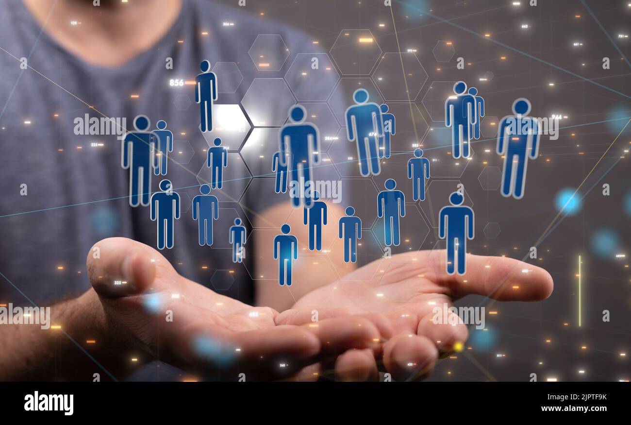 A closeup of a 3D rendering of digital human figures floating over a ...