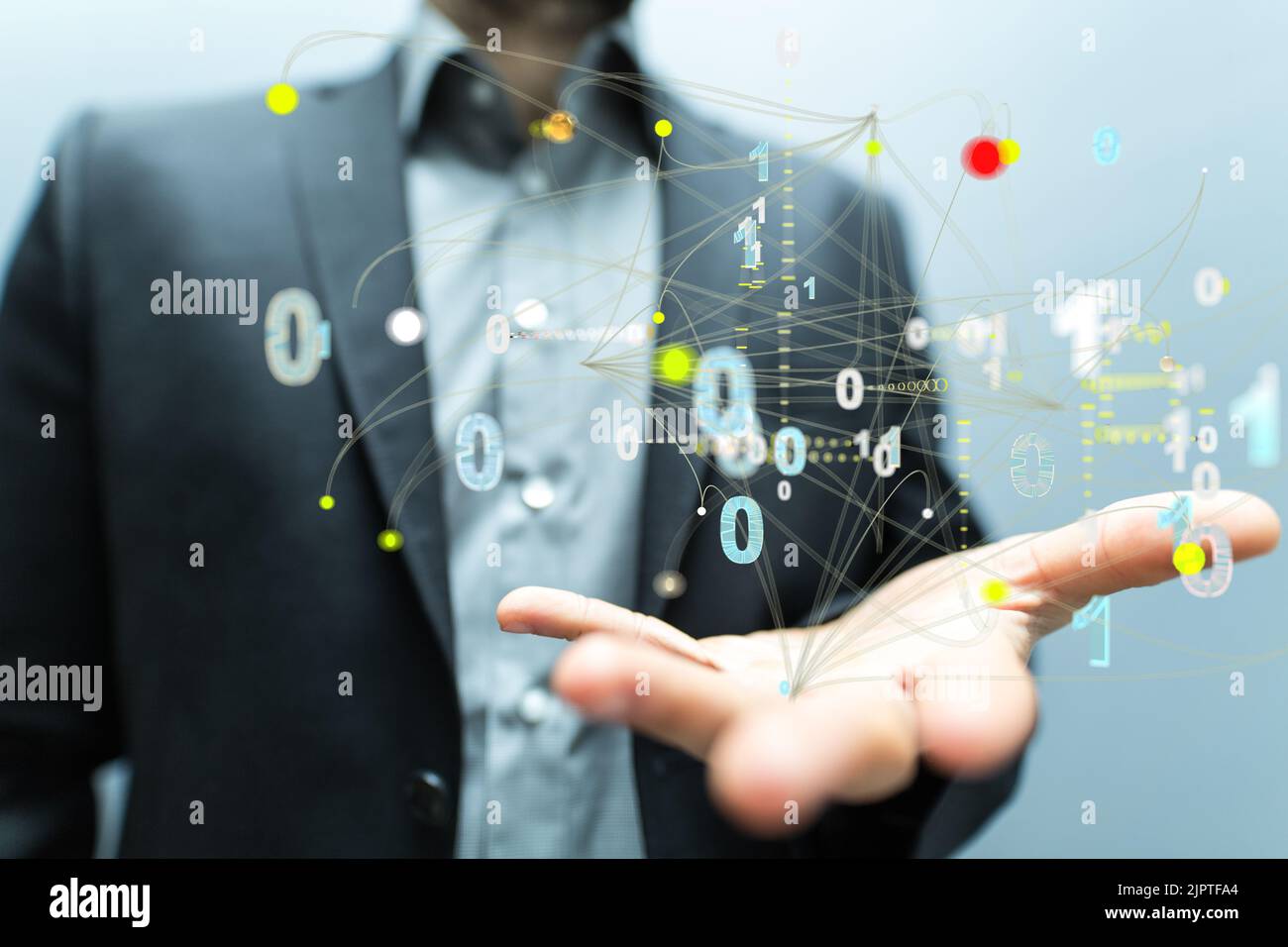 An illustrative numbers floating in the air above the man's hans ...