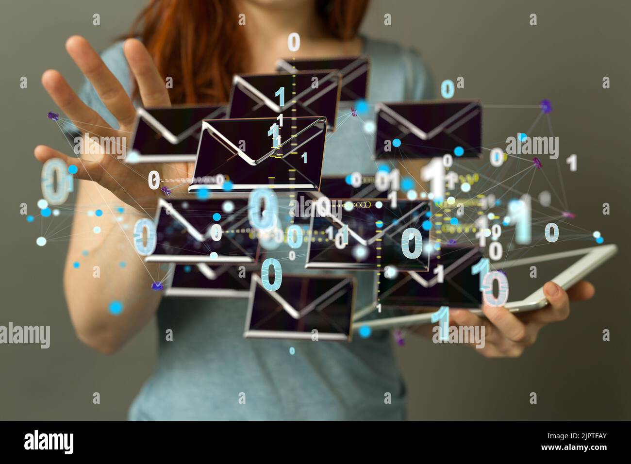 A female's hand pressing black illustrative electronic mail icons and ...