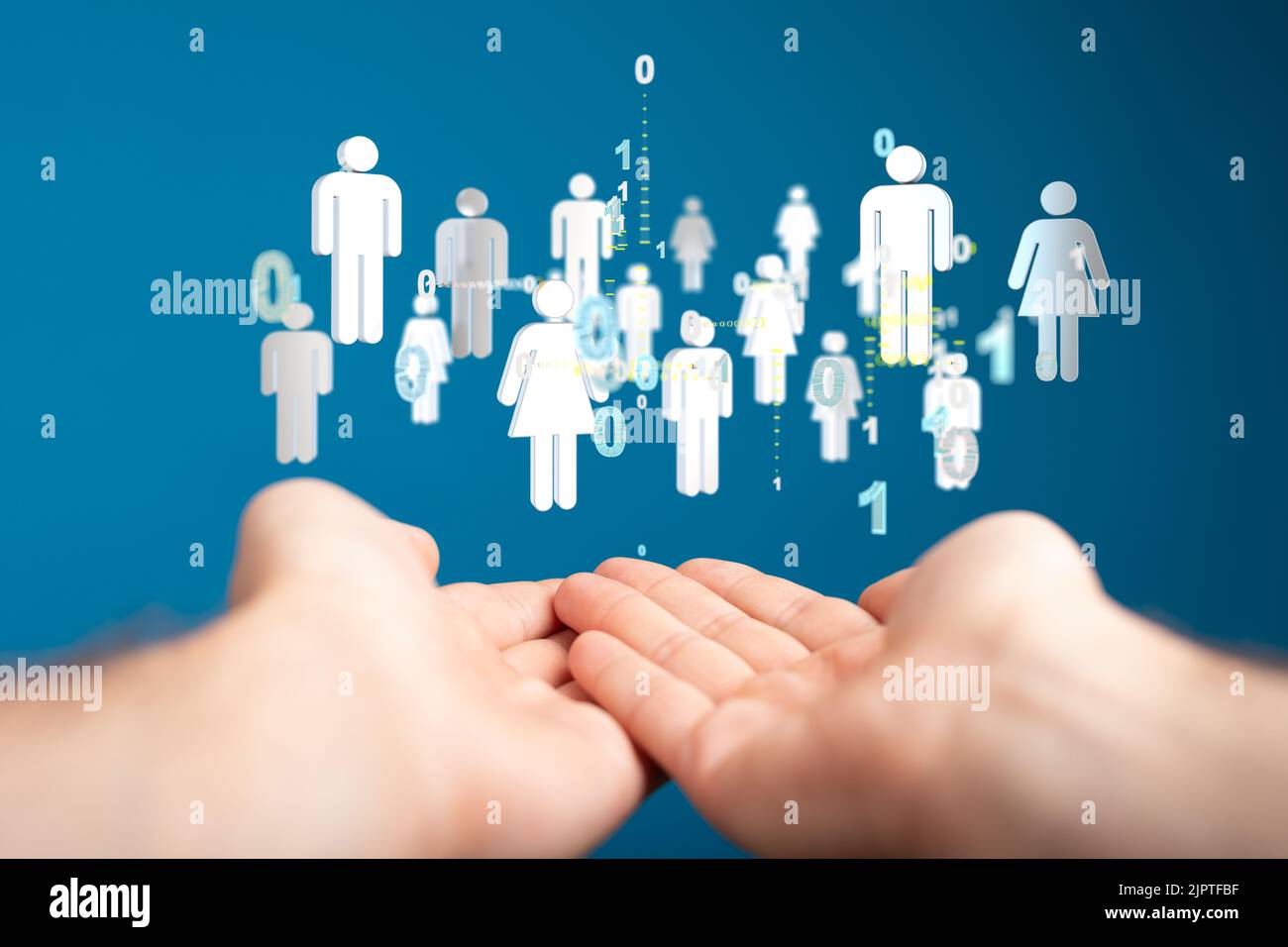 A group of illustrative human figures floating over the man's hand ...