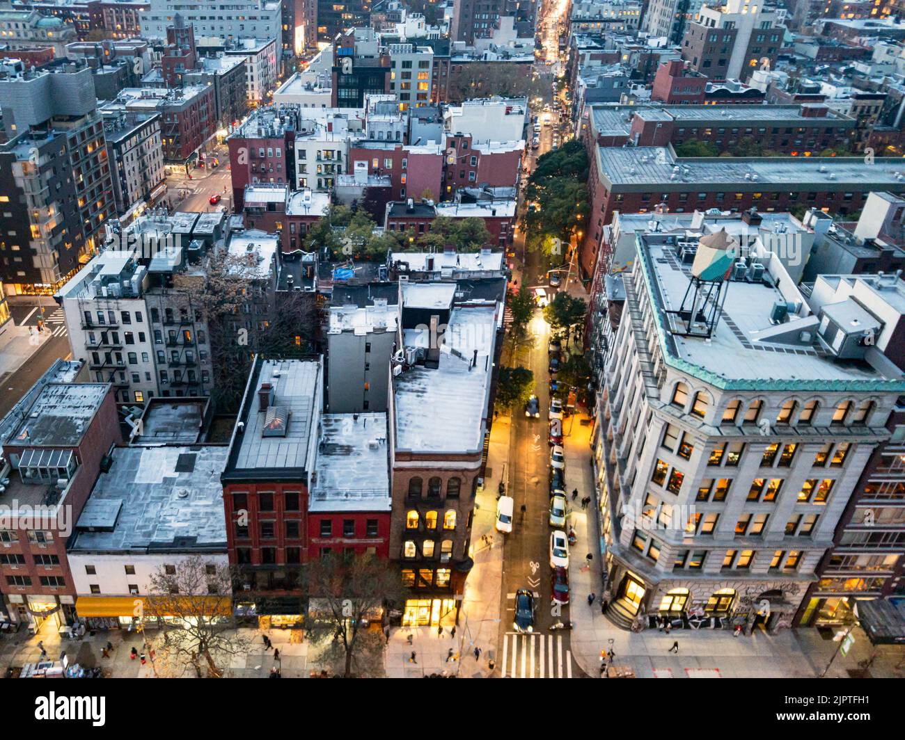 Overhead view of the busy streets of SoHo with people and cars in ...