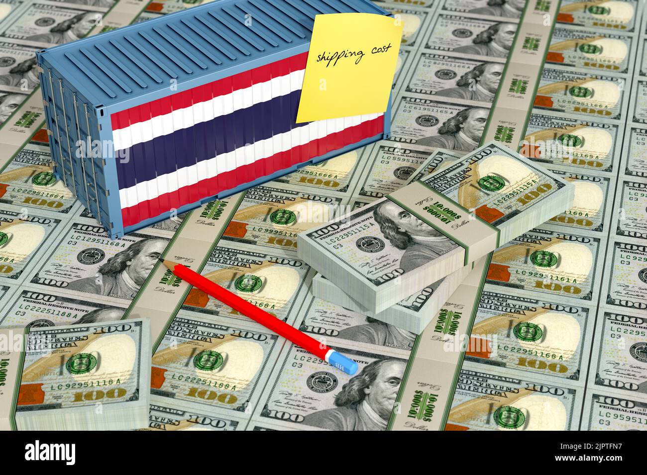 Toy shipping Container with Thailand flag on 100 Dollar banknotes ...