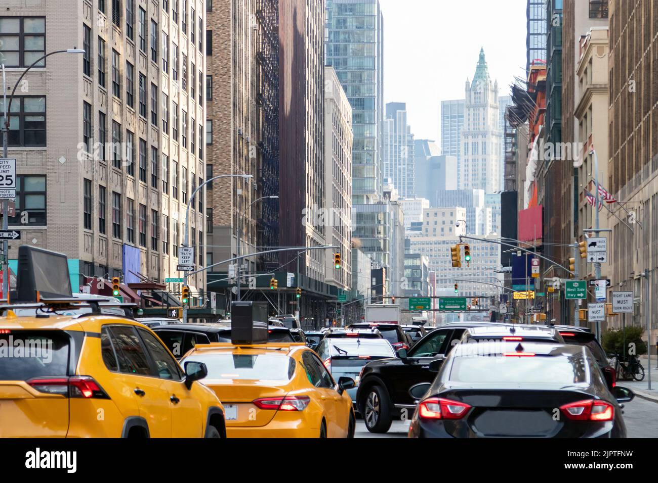 Rush hour traffic jam of cars on Varick Street driving towards the ...