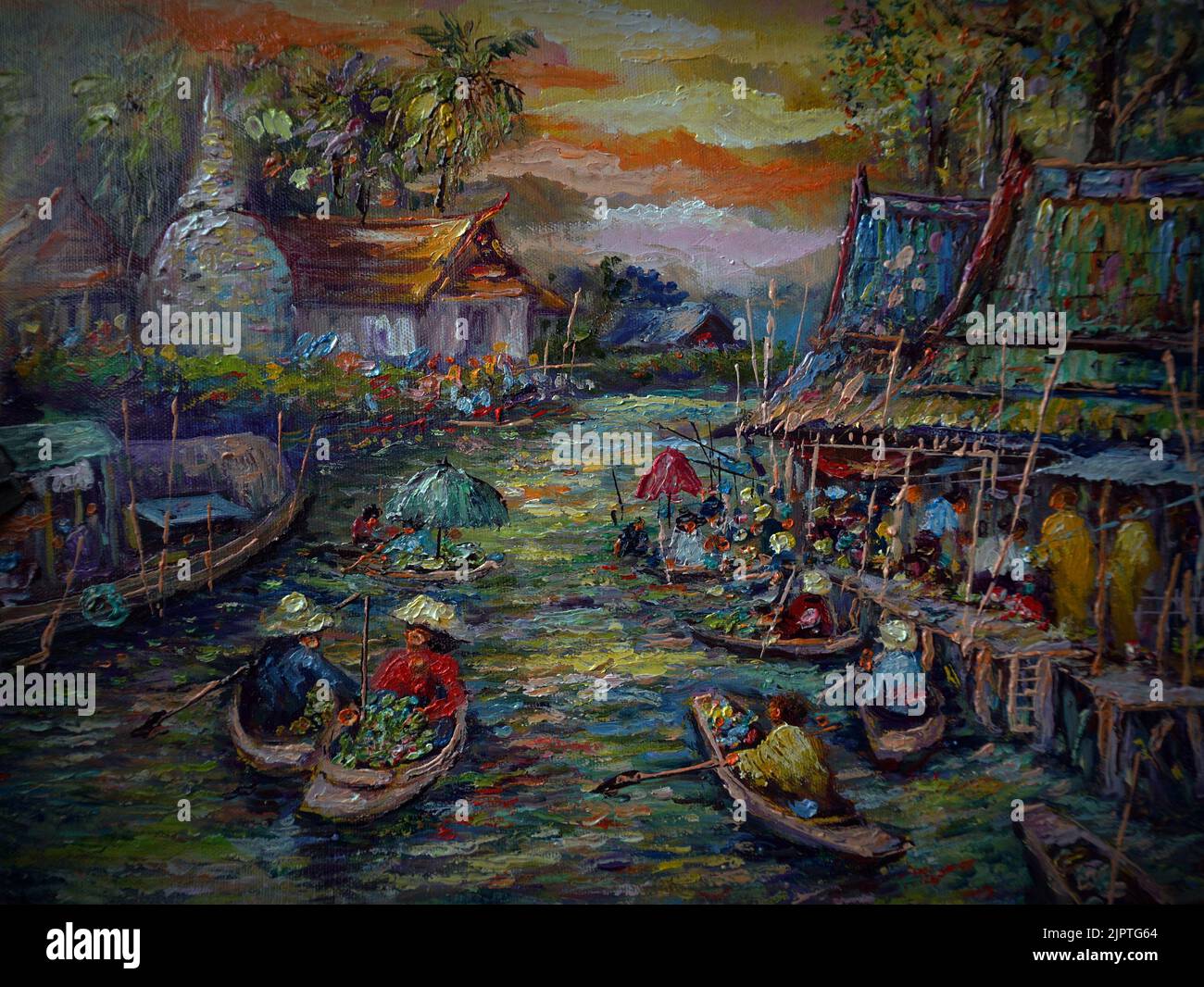 Art painting Oil color Floating market Thailand , countryside , rural ...
