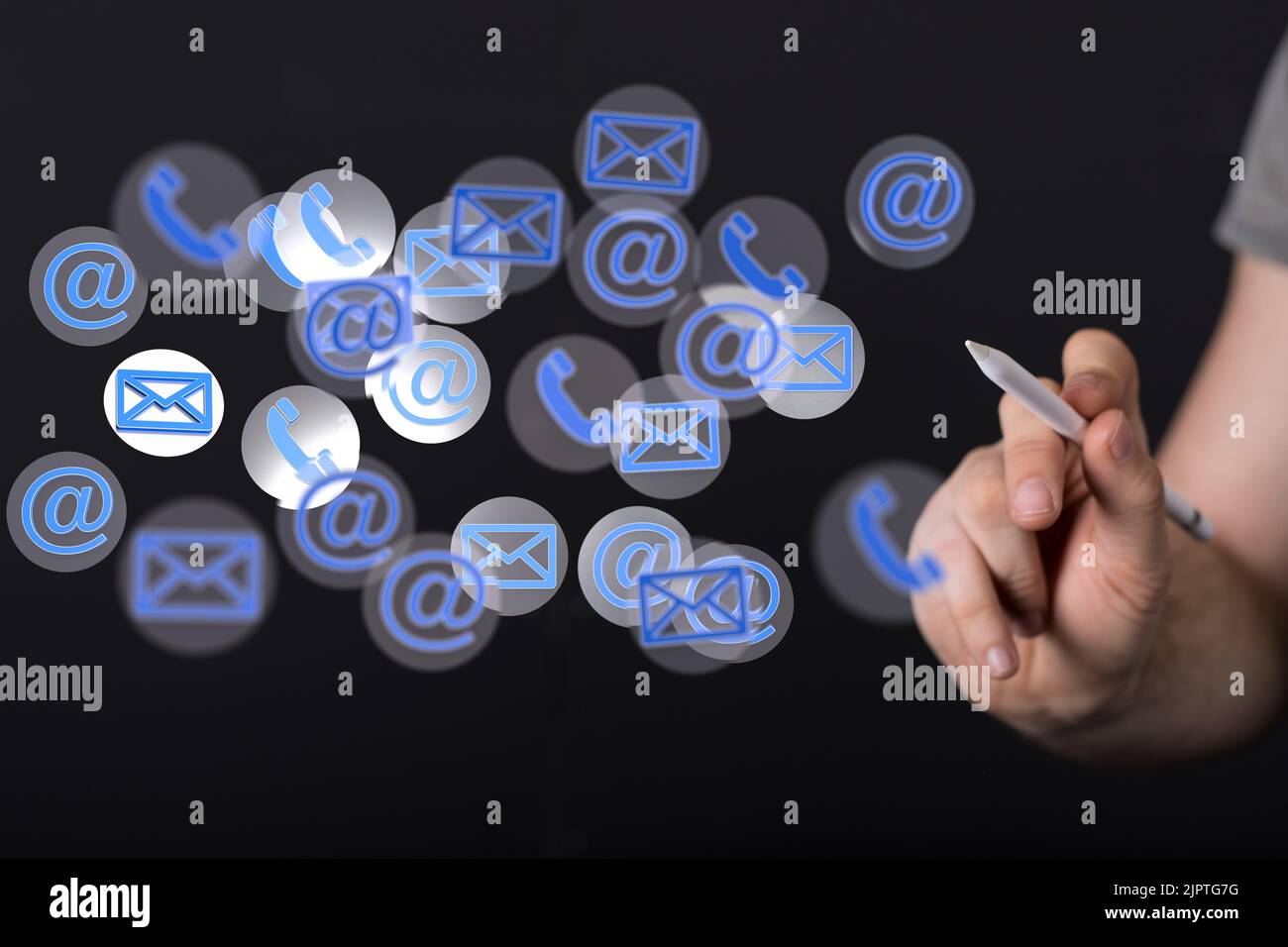 A 3D render of an email symbol and Network Communications on a blurry ...