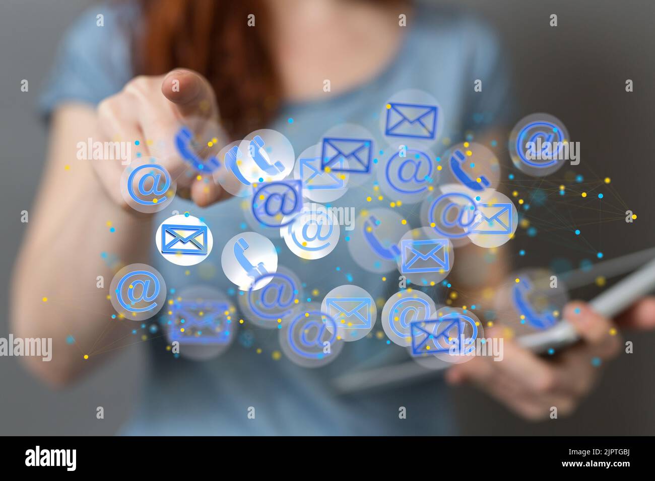 A 3D render of an email symbol and Network Communications on a blurry ...