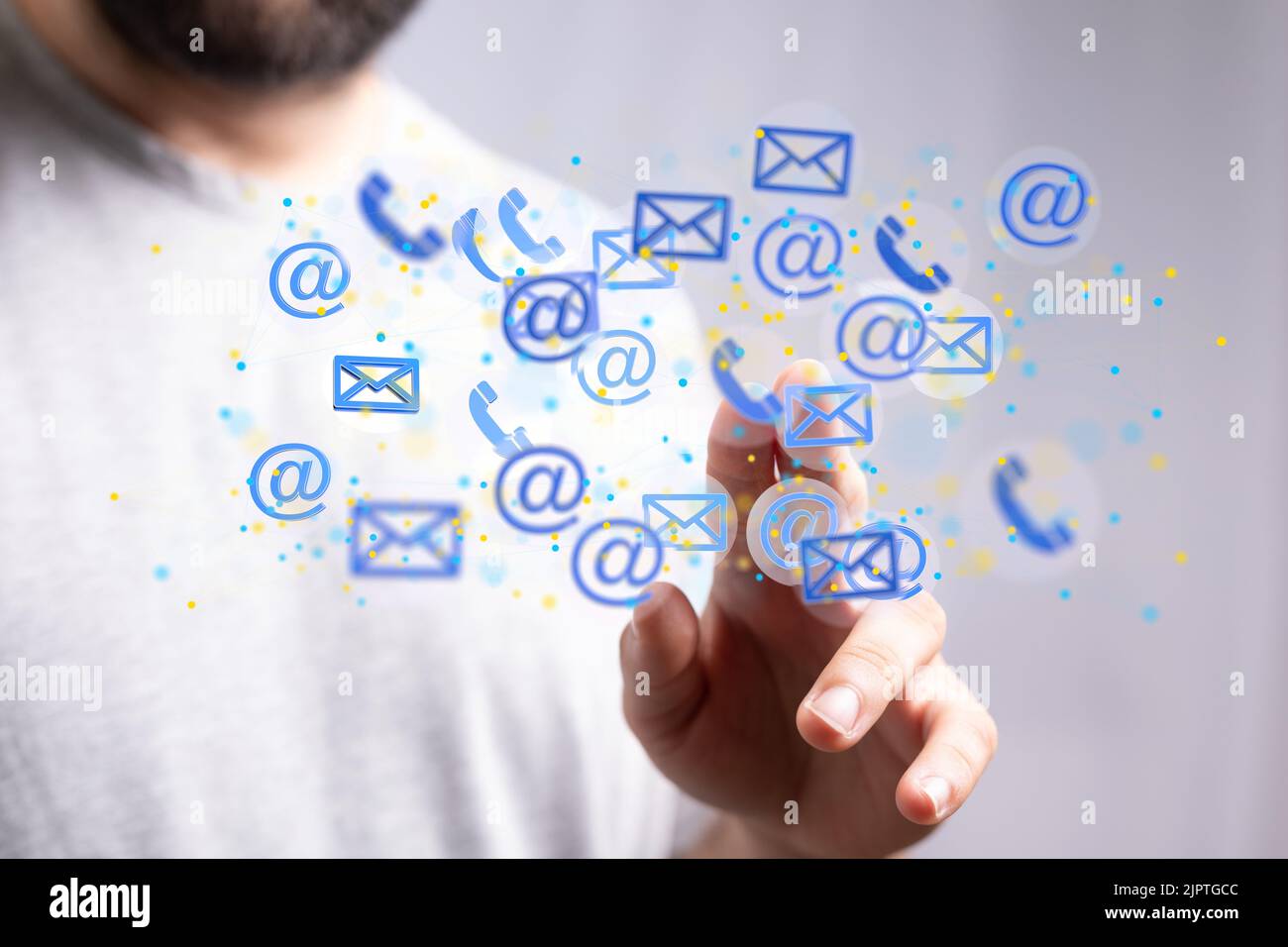 A 3D render of an email symbol and Network Communications on a blurry ...