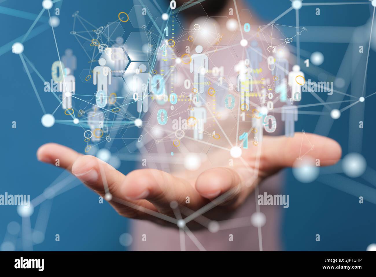 A 3D rendering of a group of floating people icons on a businessman's ...