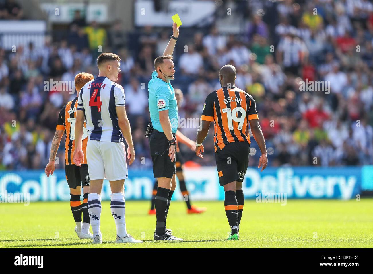 Óscar Estupiñán #19 of Hull City is booked for blocking a quick free ...