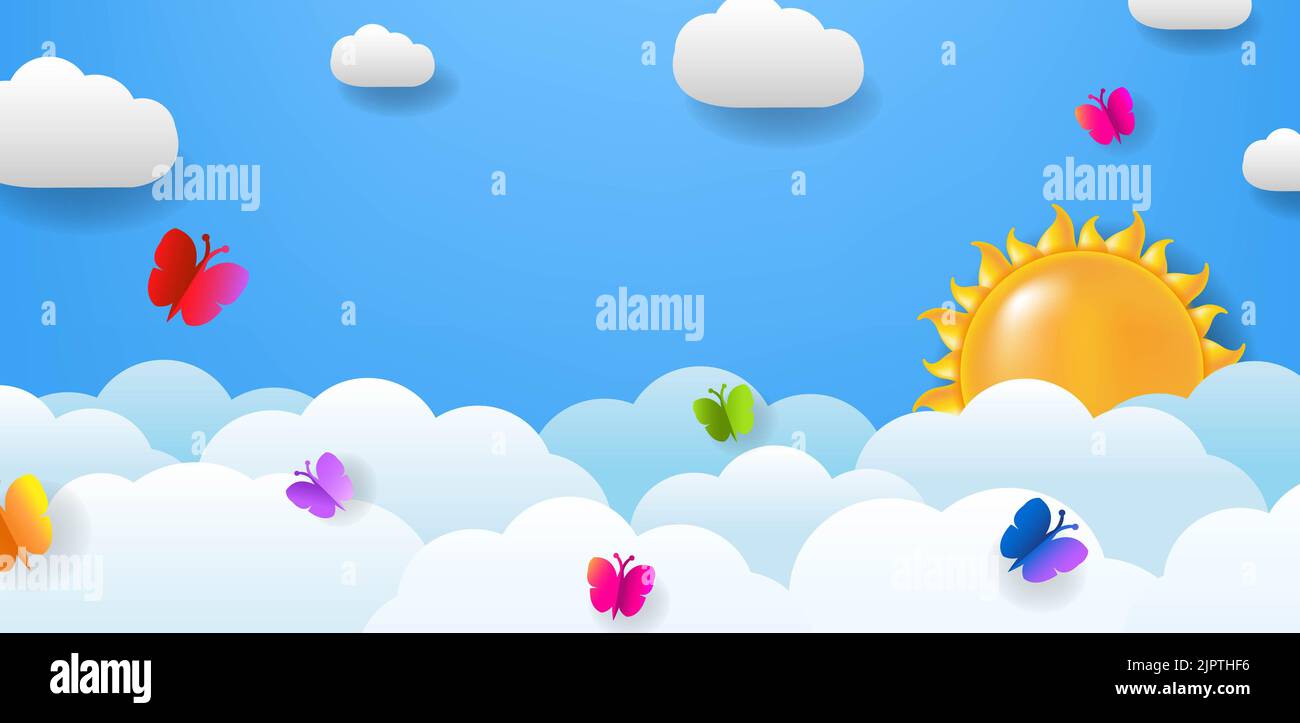 Banner With Cloud And Butterfly And Sun With Gradient Mesh, Vector ...