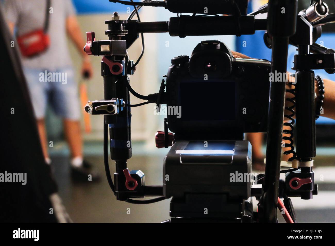 Cinema Camera on Film Set, Behind the scenes background, film crew ...
