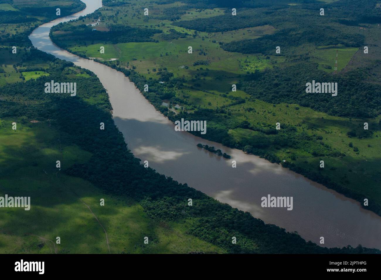 Aerial view of the river Rio Guayabero in the Meta Department of ...