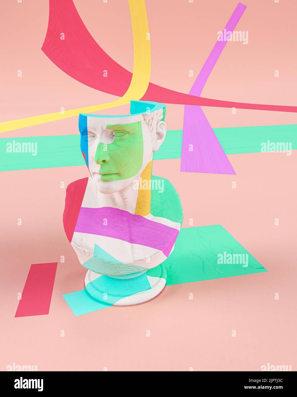 Creative 3D Illustration concept of a statue of a human head. Pastel ...