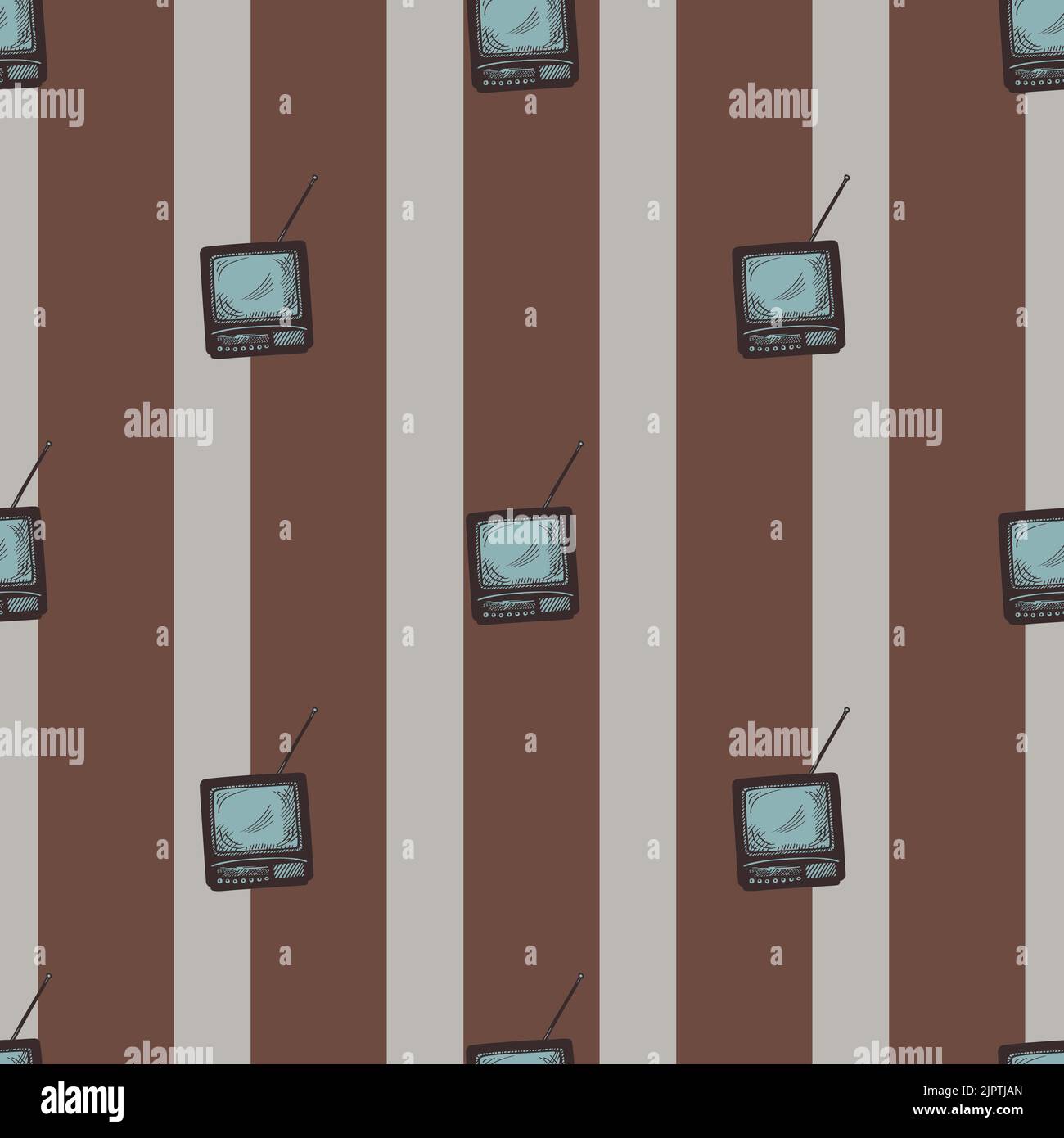 Retro TV with antenna engraved seamless pattern. Vintage television in ...