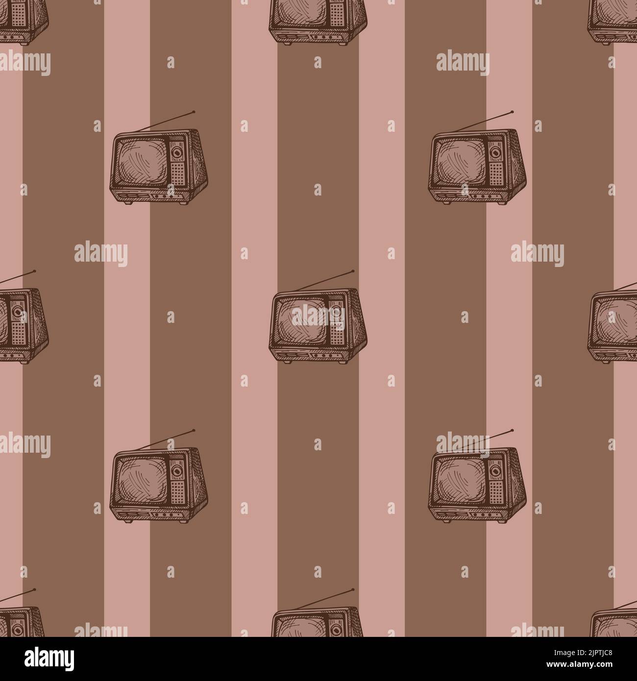 Retro TV engraved seamless pattern. Vintage television with antenna in ...