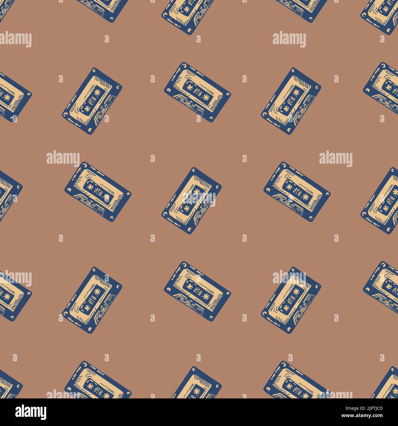 Audio cassette tape engraved seamless pattern. Vintage music cassette ...