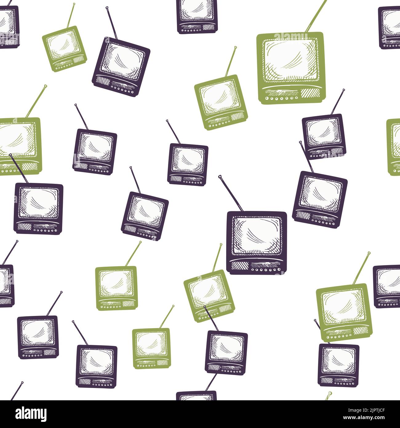 Retro TV with antenna engraved seamless pattern. Vintage television in ...