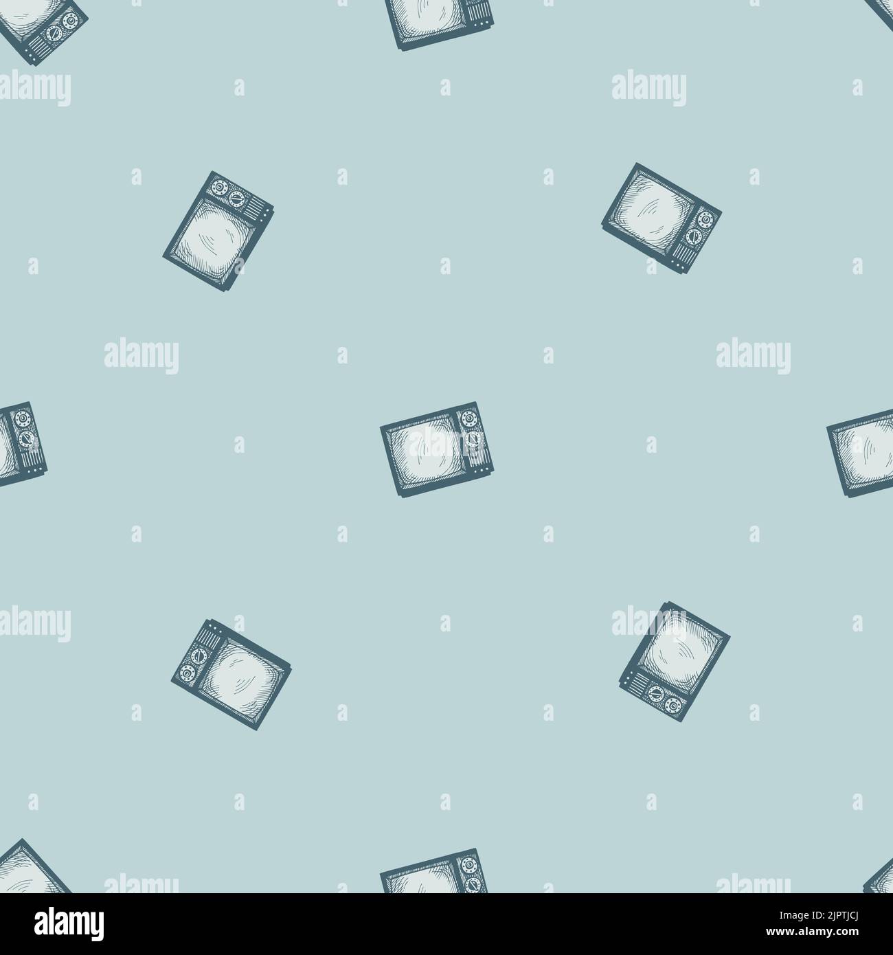 Retro TV engraved seamless pattern. Vintage television media in hand ...