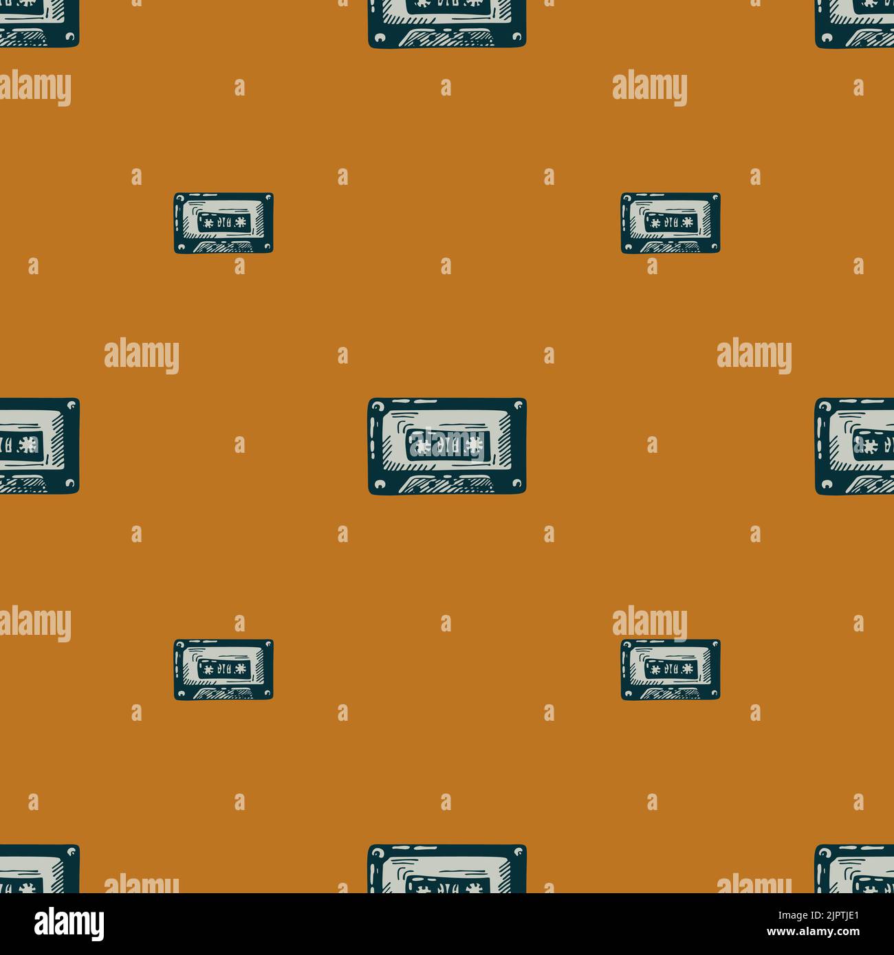 Audio cassette tape engraved seamless pattern. Vintage music cassette ...