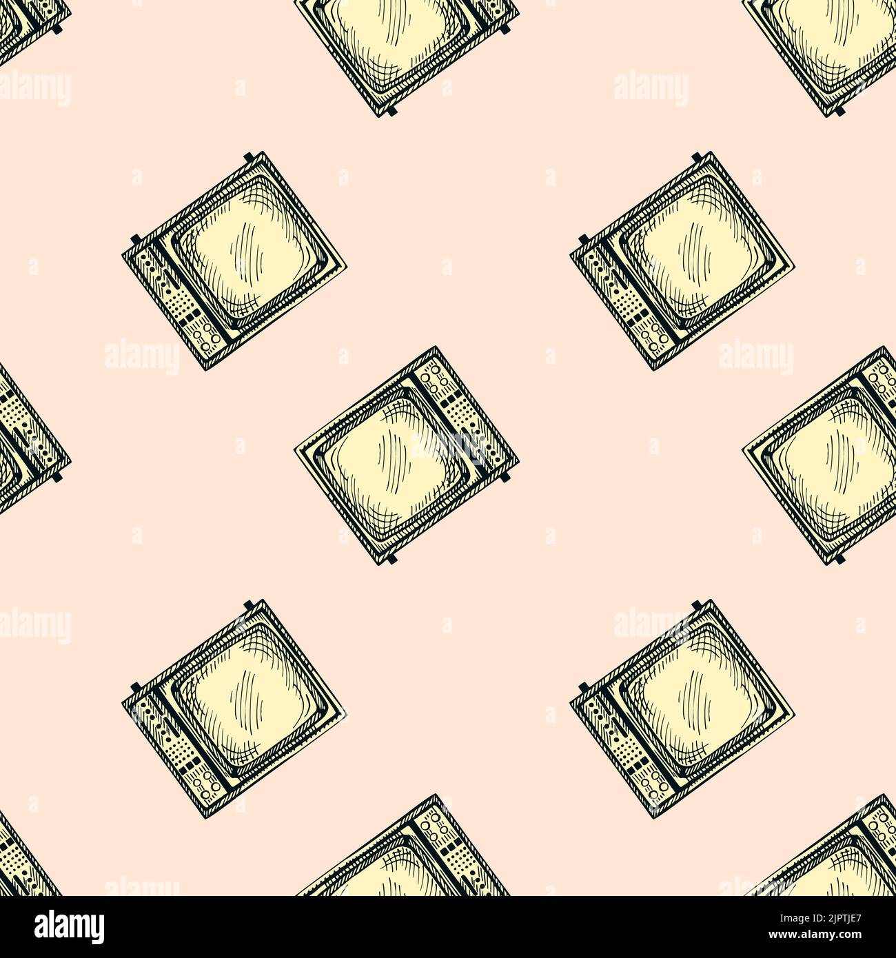 Retro TV engraved seamless pattern. Vintage television in hand drawn ...