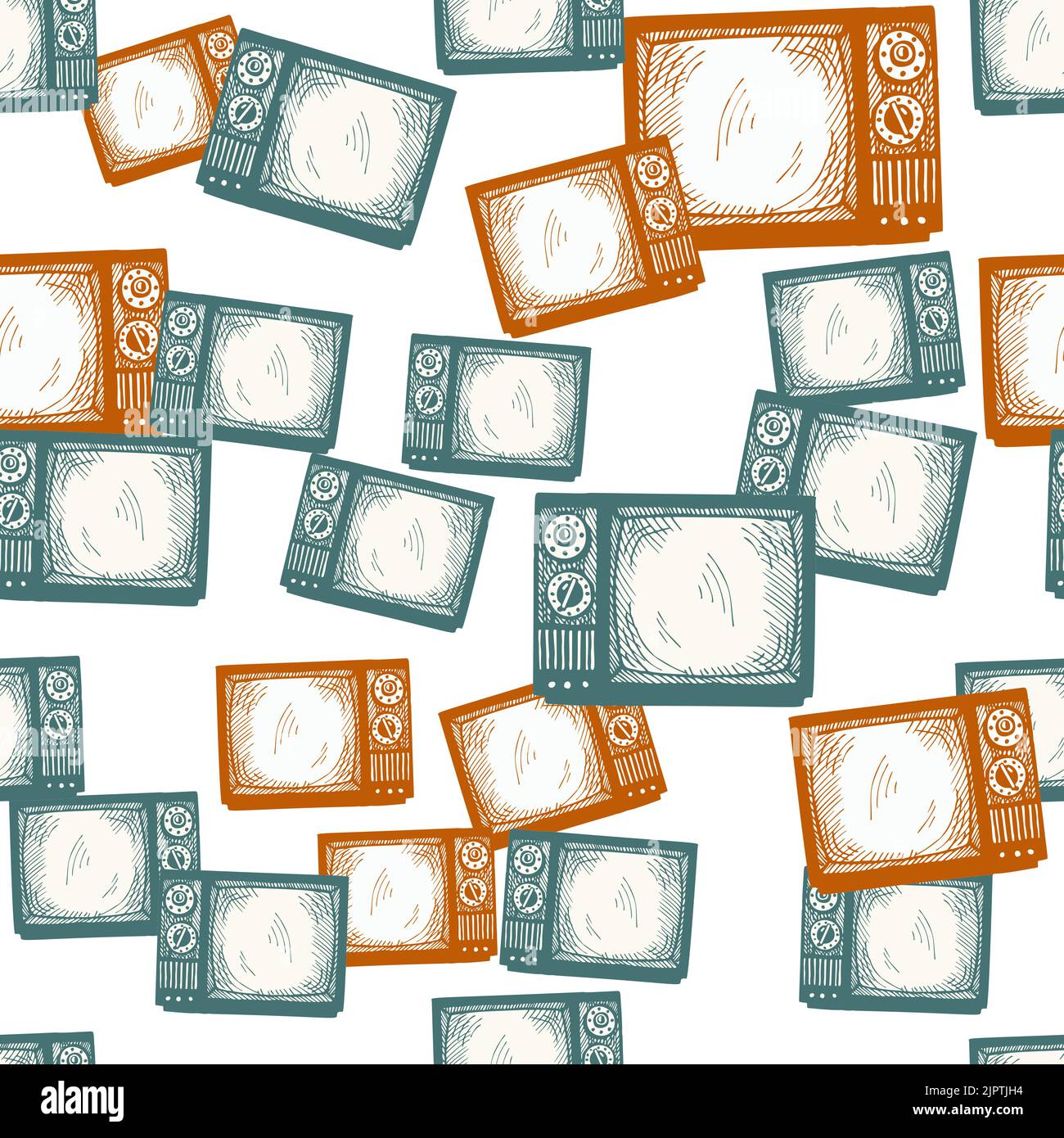 Retro TV engraved seamless pattern. Vintage television media in hand ...