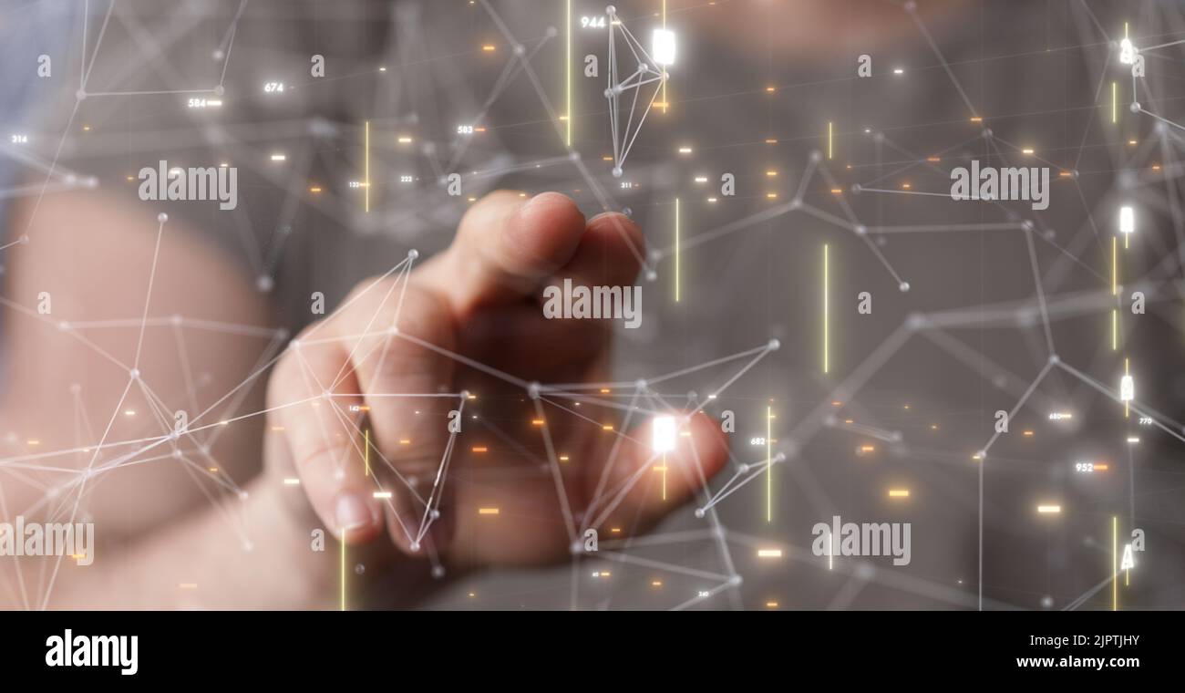 A 3D rendering of a man pointing at connecting lines - Concept of communication Stock Photo - Alamy