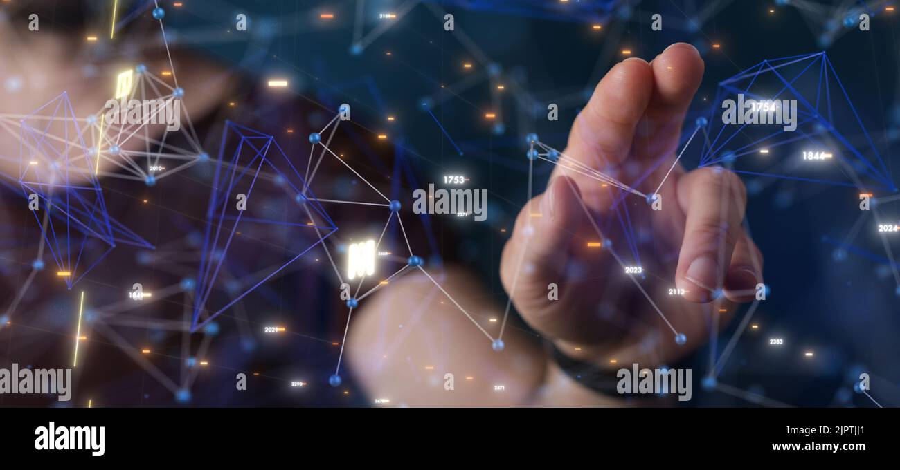 A 3D rendering of a man pointing at connecting lines - Concept of ...