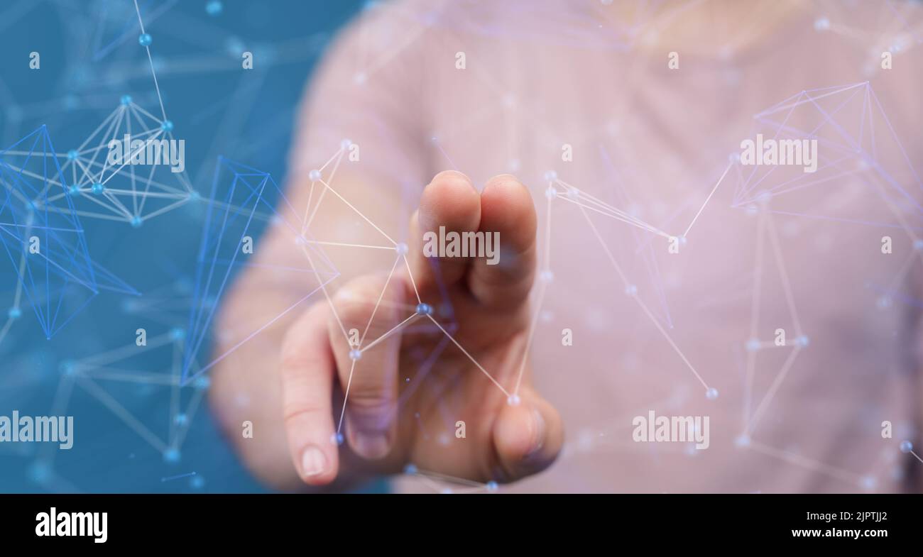 A 3D rendering of a man pointing at connecting lines - Concept of communication Stock Photo - Alamy
