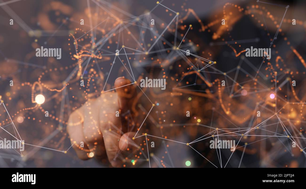 A 3D rendering of a man pointing at connecting lines - Concept of communication Stock Photo - Alamy