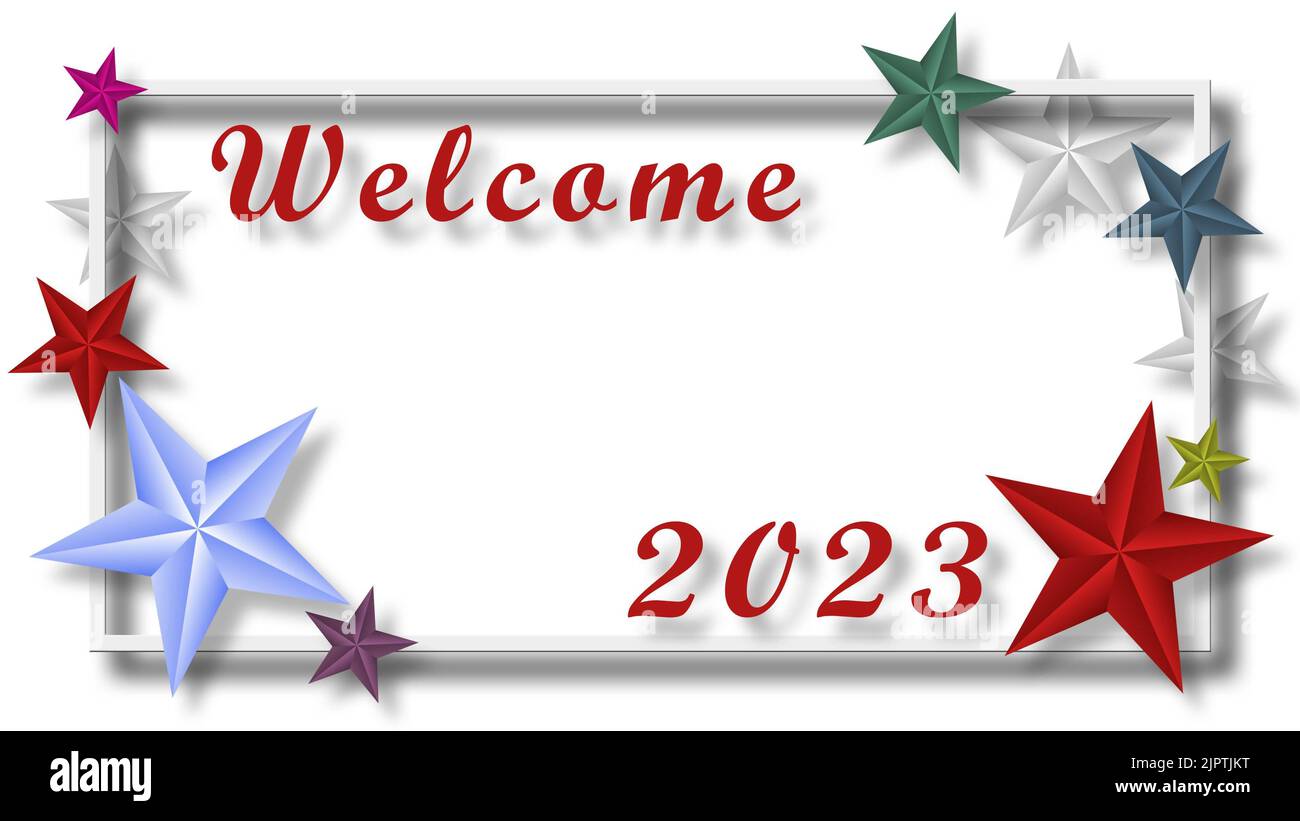 Welcome 2023 - coloured stars in paper craft design over white frame on ...